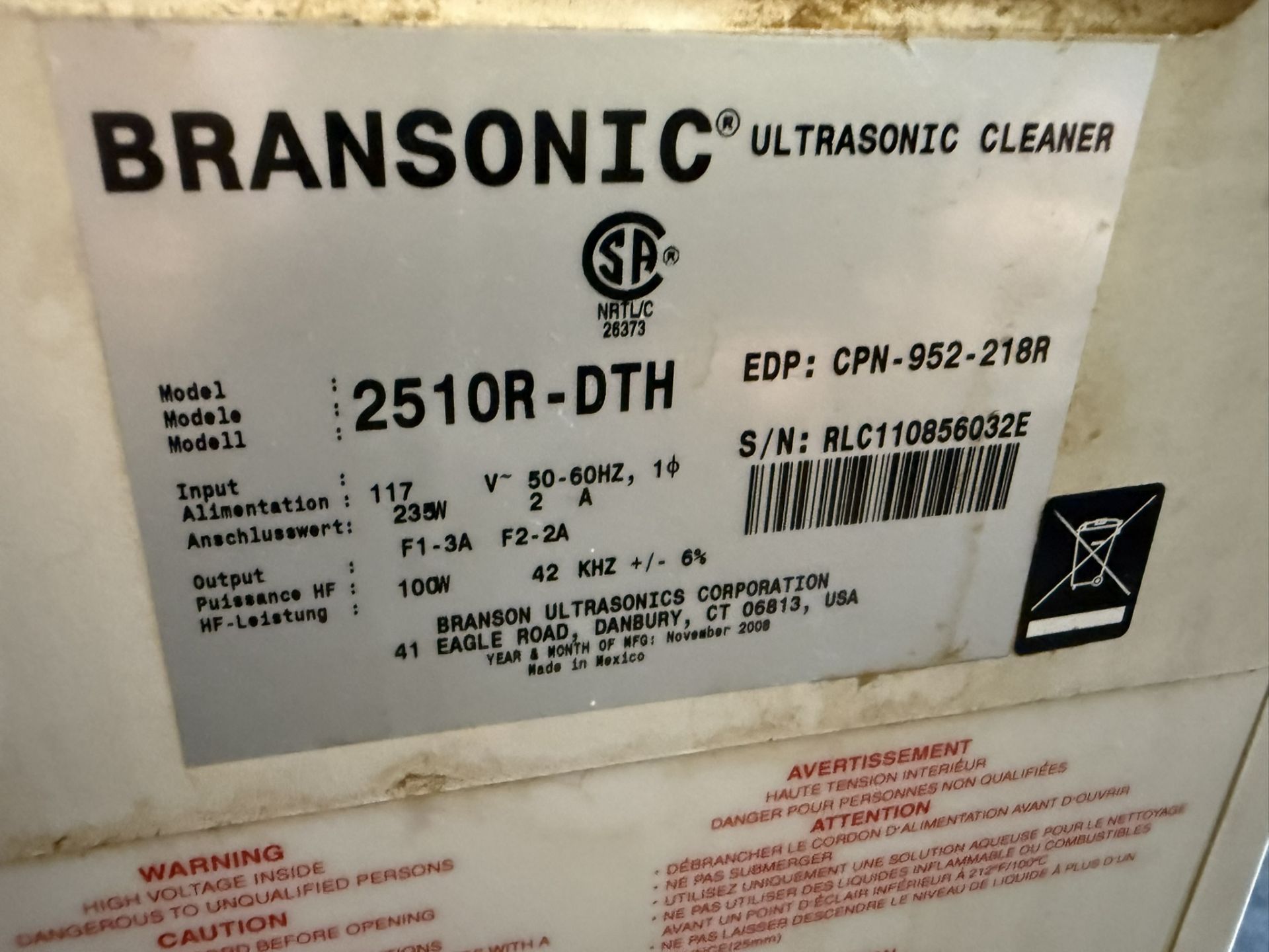 Bransonic Model 2510R-DTH Ultrasonic Cleaner, 120 V, S#RLC110856032E ...