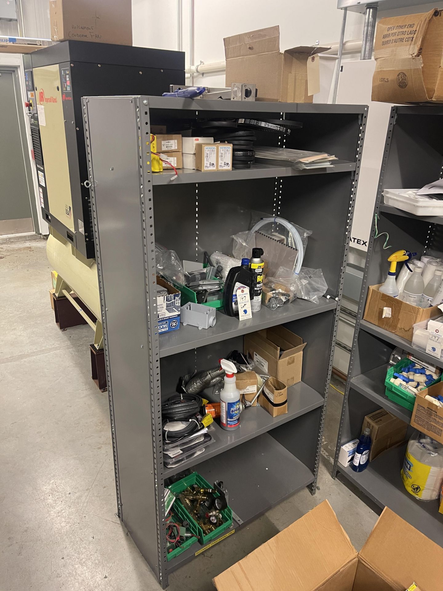 {LOT} On 2 Sec. Of Metal Shelving C/o: Valves Meters, Hinges, Cleaning ...