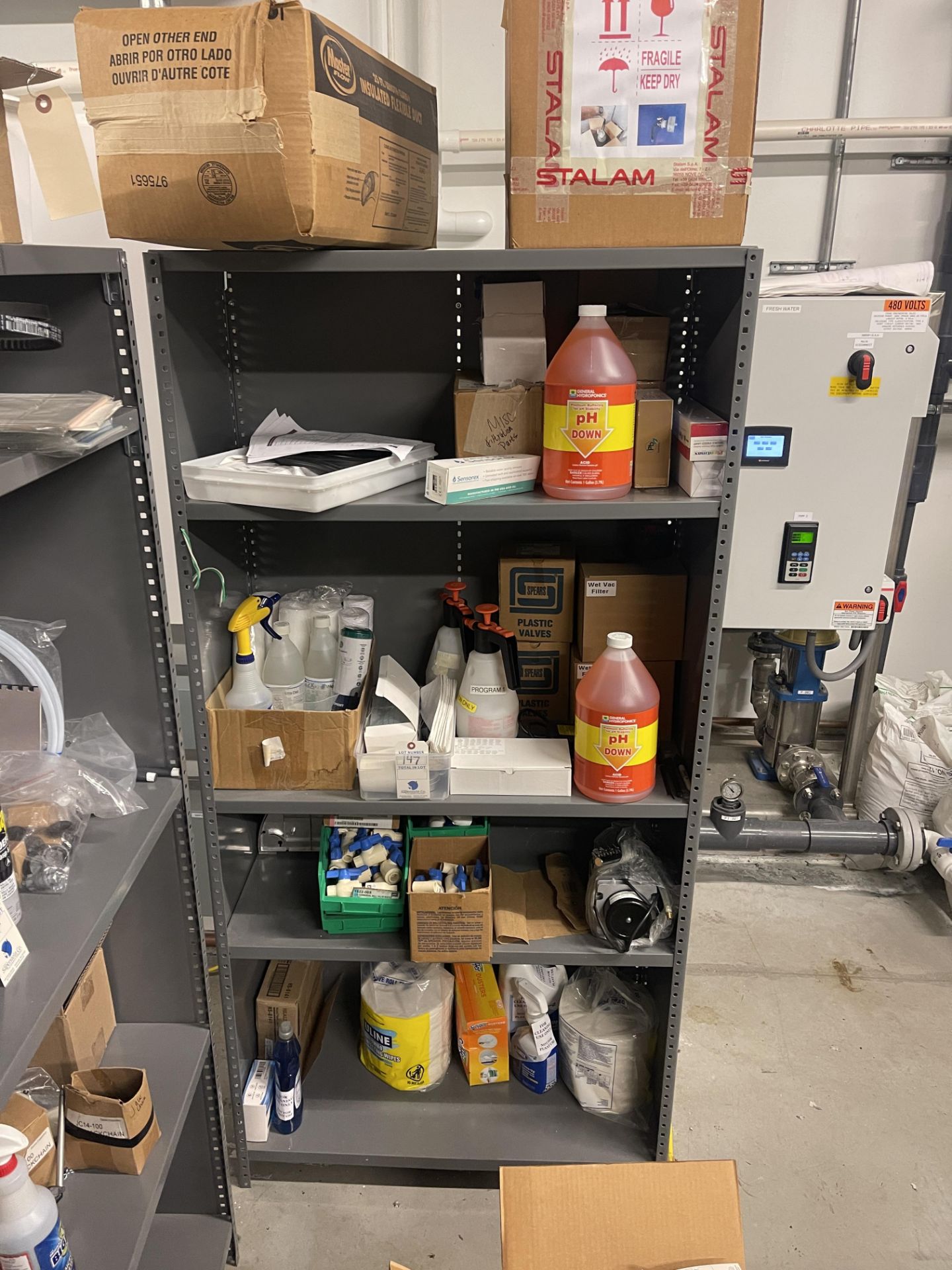 {LOT} On 2 Sec. Of Metal Shelving C/o: Valves Meters, Hinges, Cleaning ...
