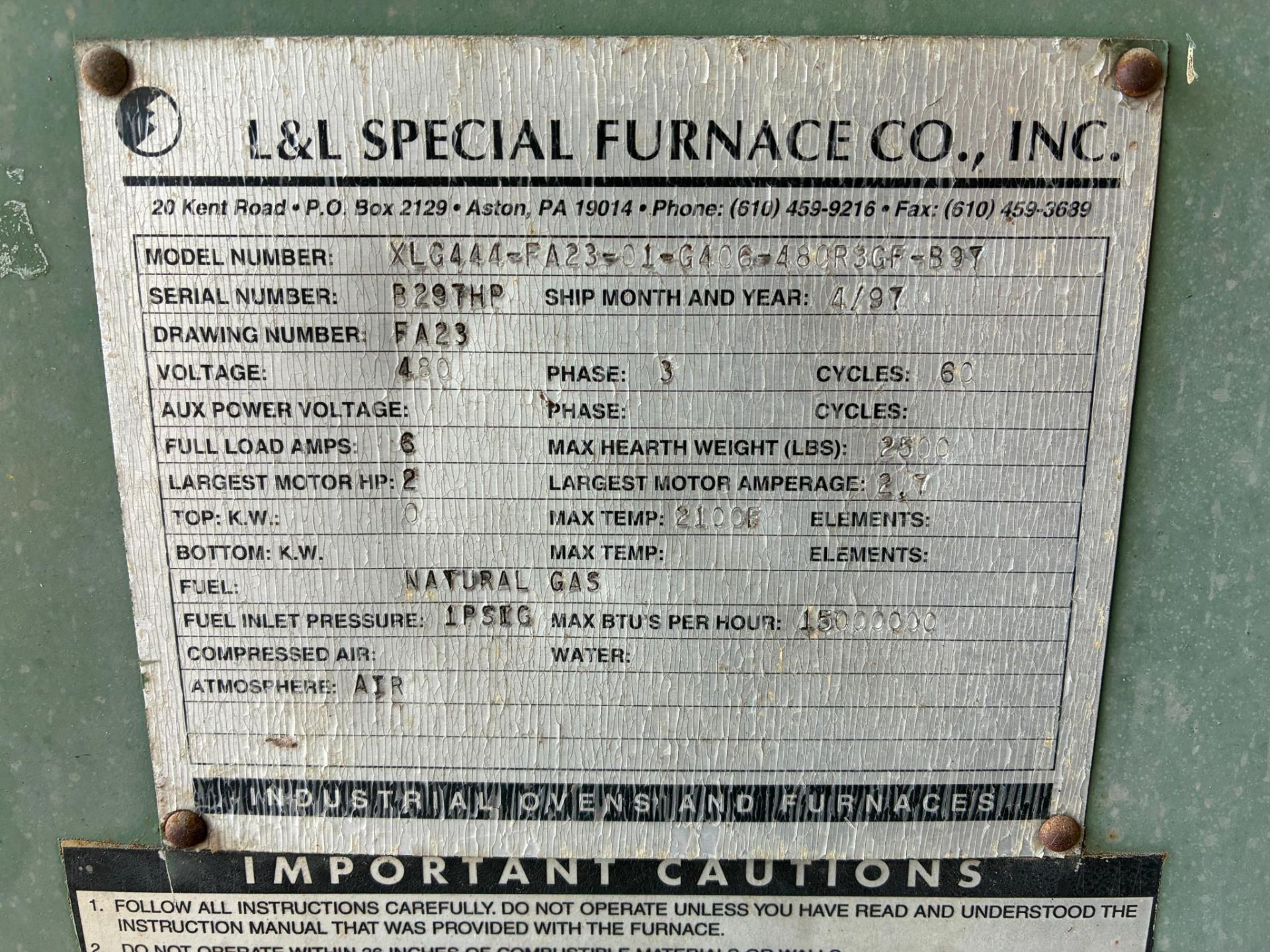 NATURAL GAS FURNACE, L&L SPECIAL FURNACE, MDL. XLC444-FA23-01-G406 ...