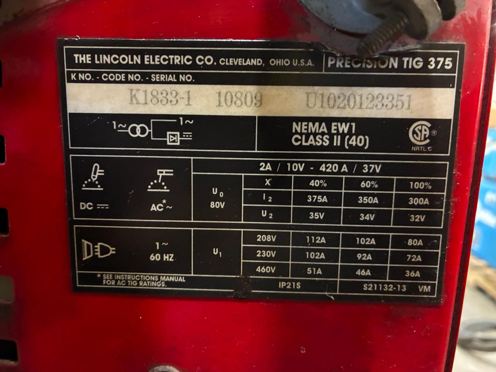 WELDING MACHINE, LINCOLN PRECISION TIG 375, S/N V1020123351