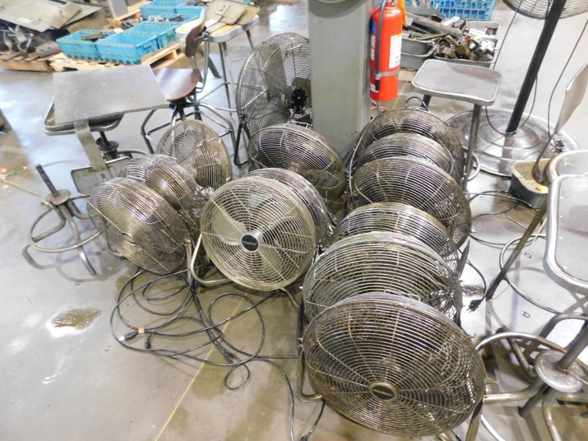 LOT: (14) Assorted Shop Fans, (10) Shop Stools