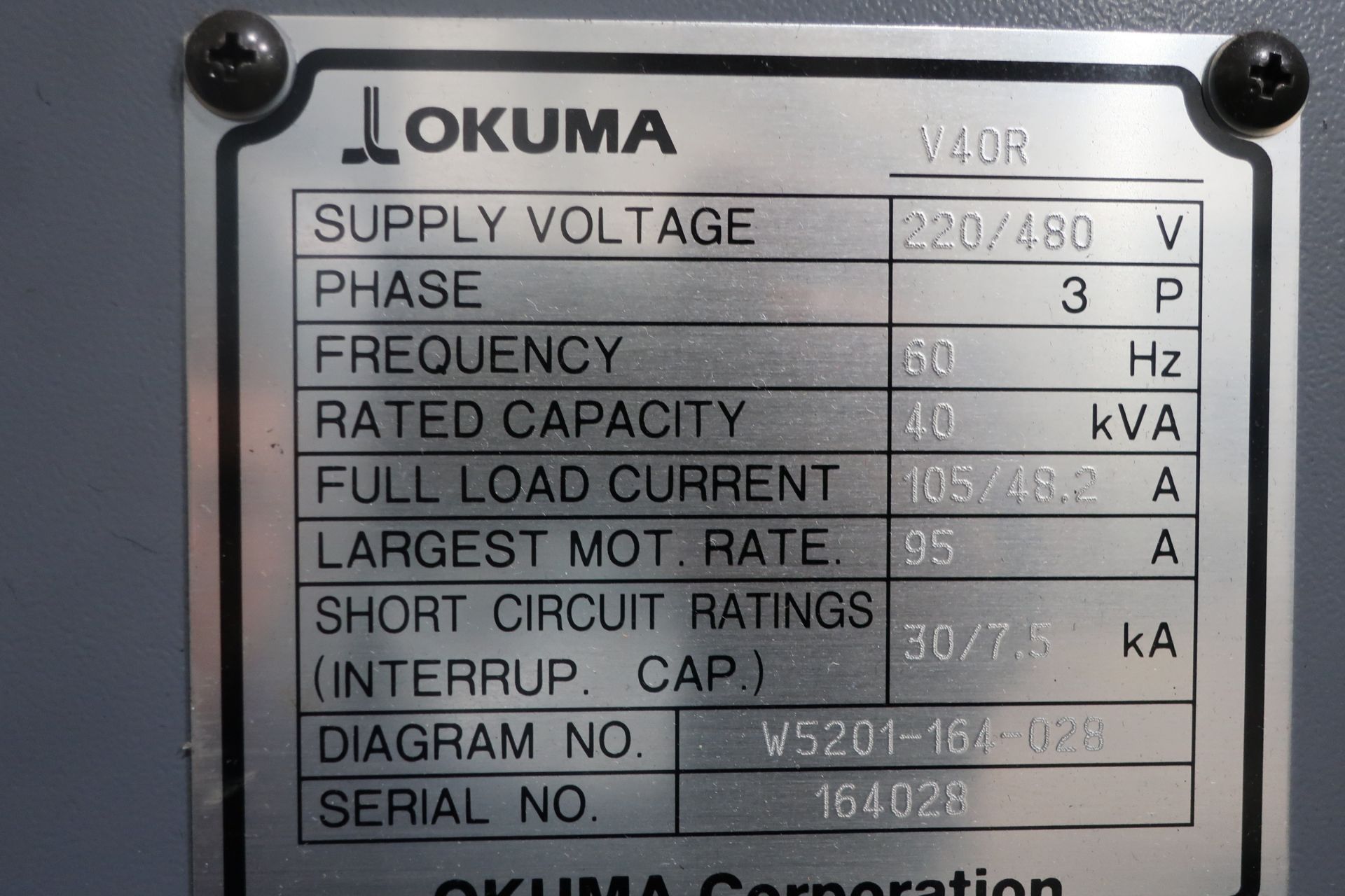 Okuma V40R CNC 3-Axis Vertical Lathe, S/N 164028, New 2012 ...