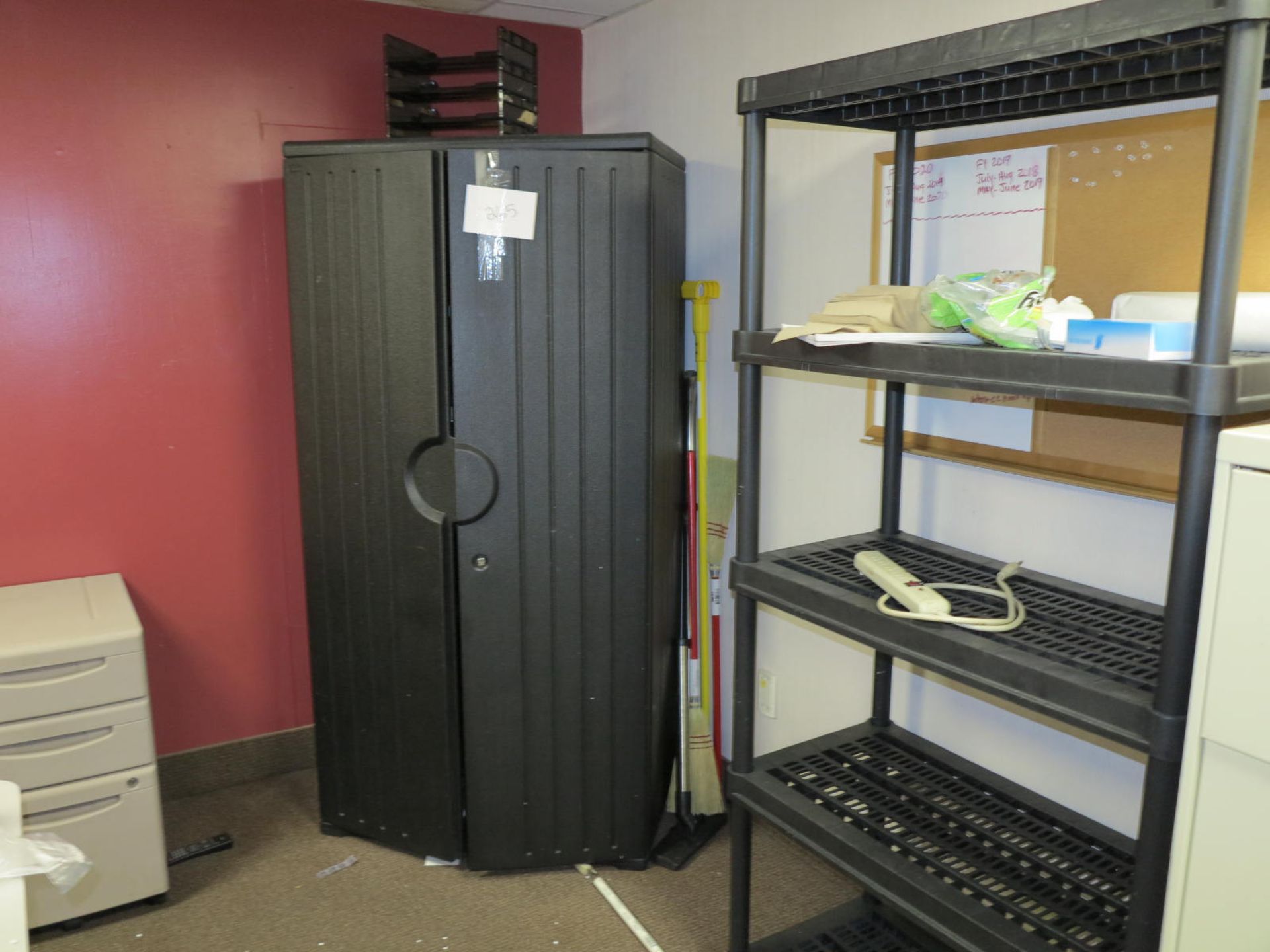 Contents of Office: Rubbermaid Shed, Shelving, Desk