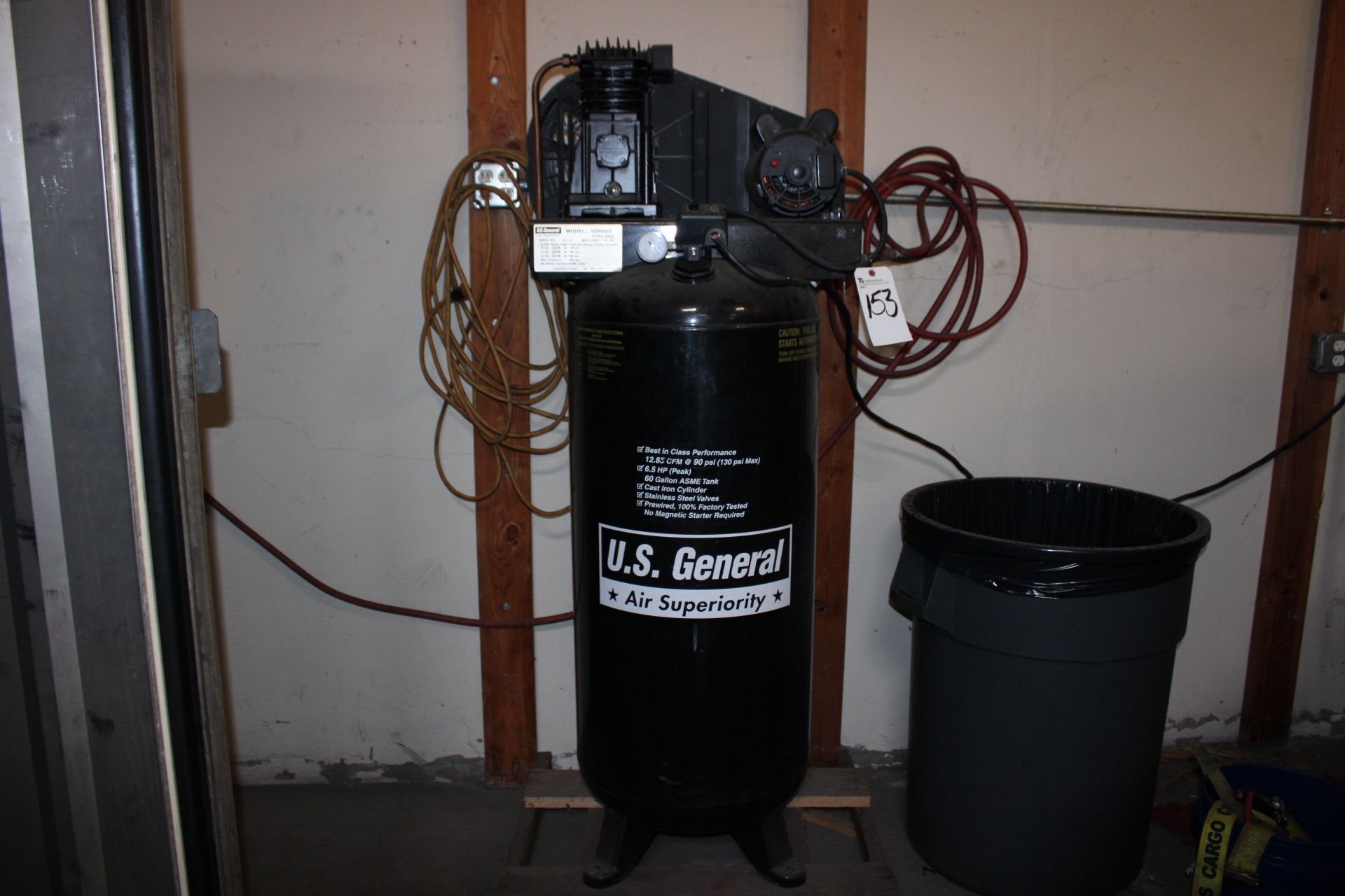 US General mod. US660V, 6.5hp Max 130psi, 60 Gal. Tank, 208/120 Volts ...