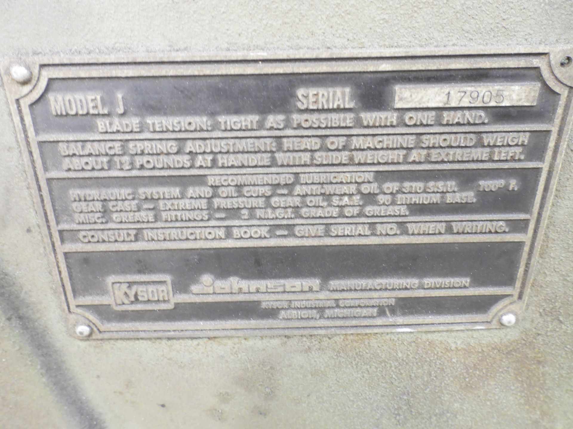 Kysor Johnson Model J Horizontal Band Saw, s/n 17905, 9" X 16" Capacity ...