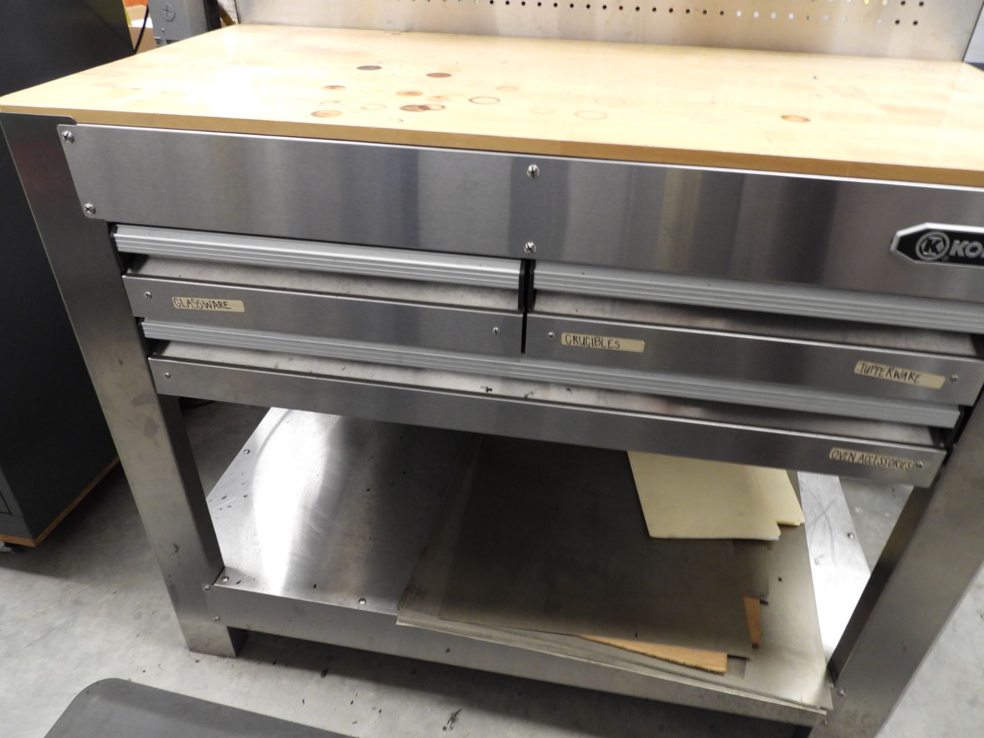 Kobalt Stainless Steel Workbench with 3 Drawers, Butcher Block Top, Peg ...