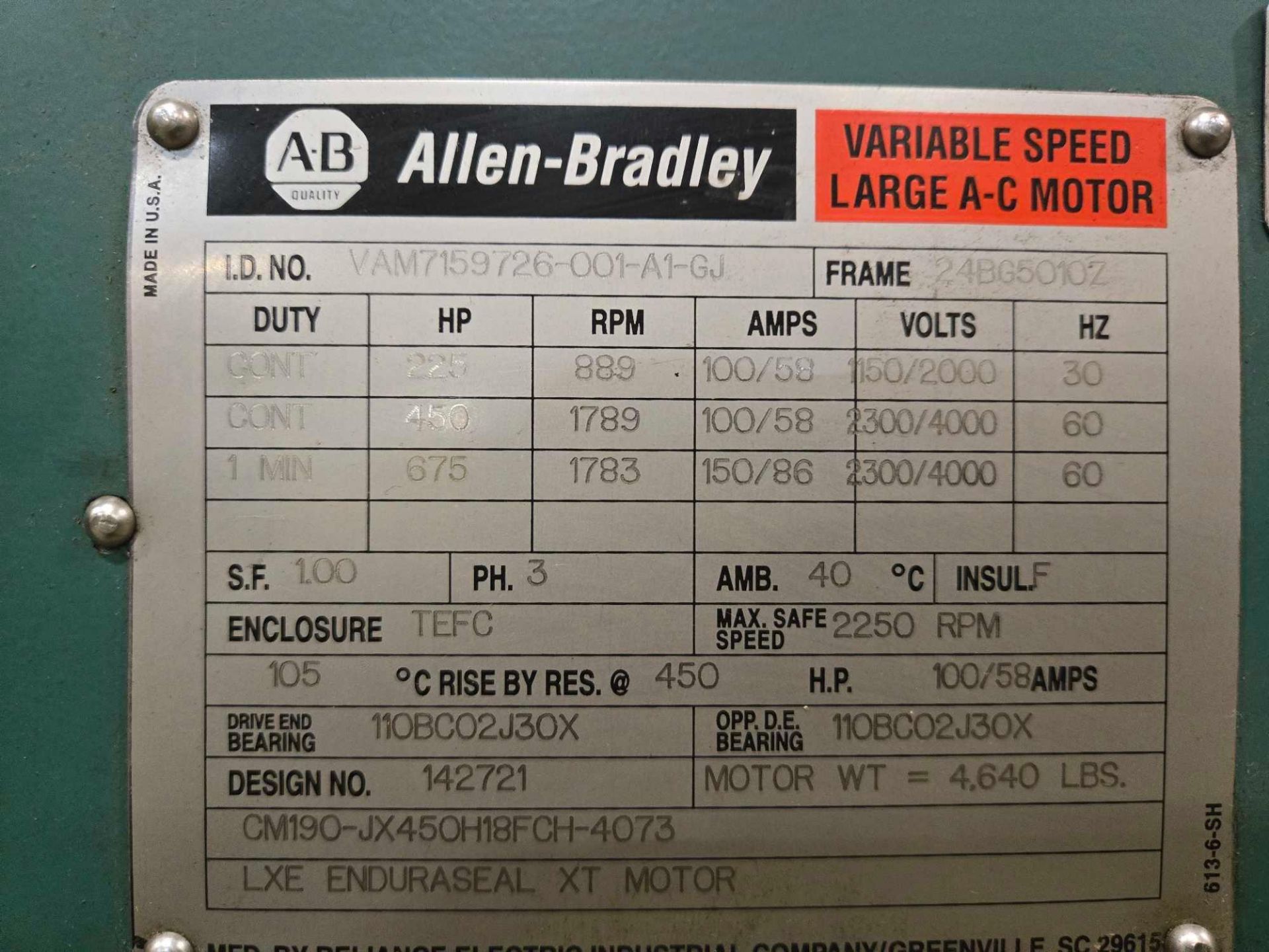 Reliance Electric 450 HP variable speed large A-C motor, s/n VAM7159726 ...