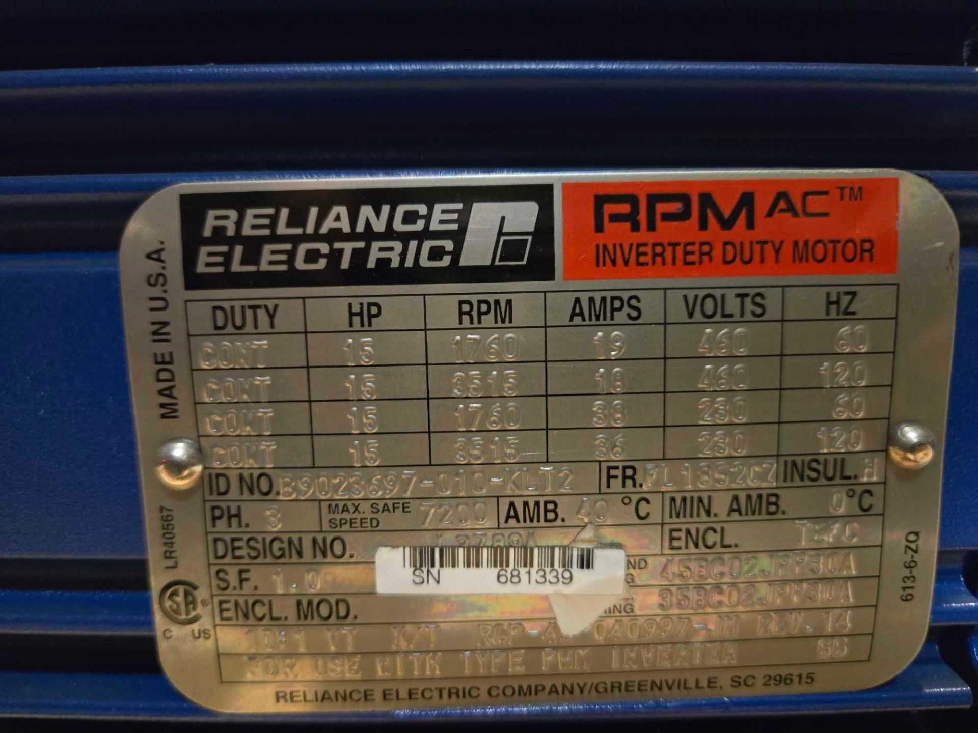 Lot of (3) Reliance 15 HP motors, s/n's 681339, 681340 and 681341, RPM ...