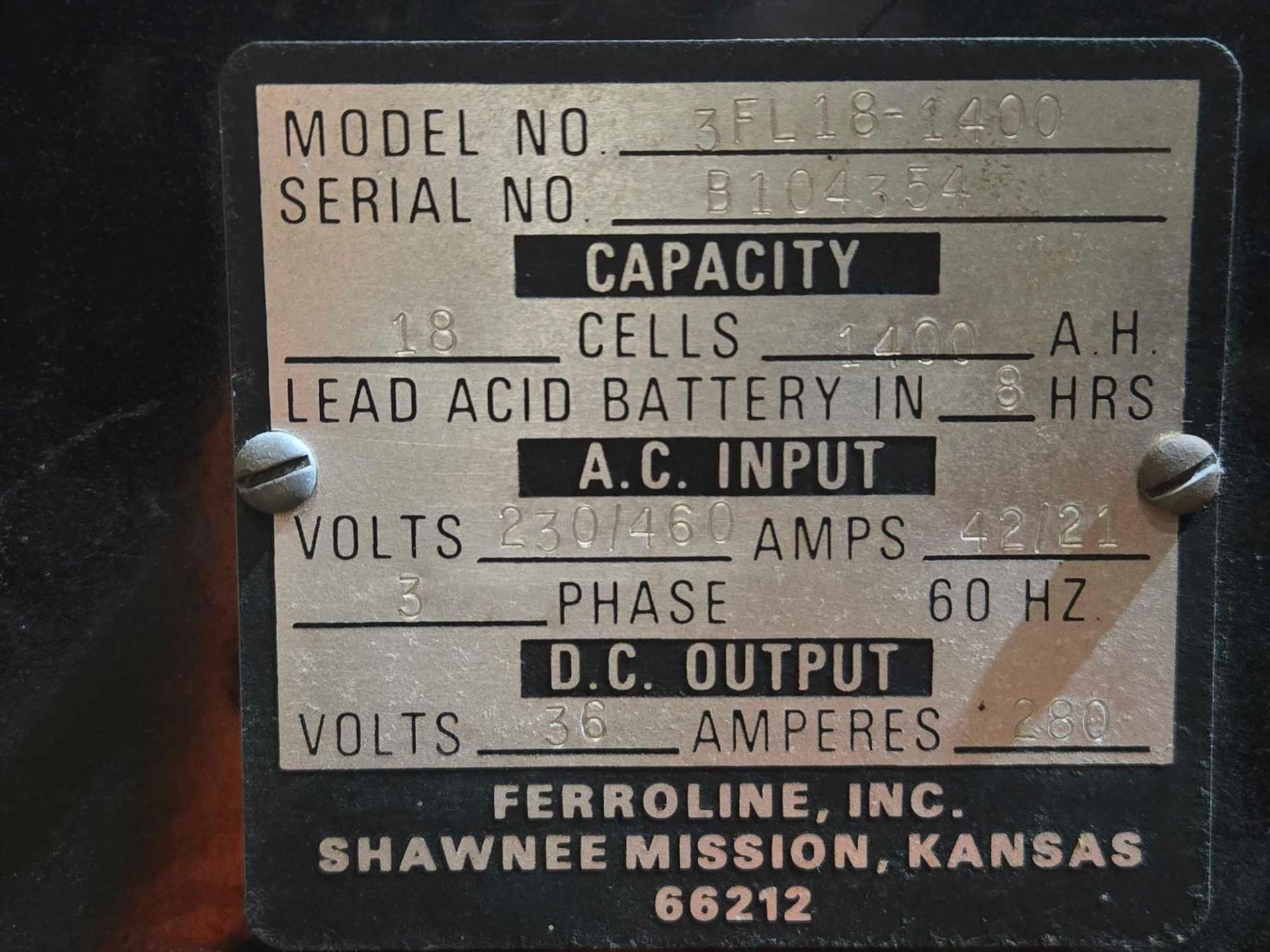 Ferroline forklift battery charger m/n 3FL18-1400, s/n B104354, 3 phase ...