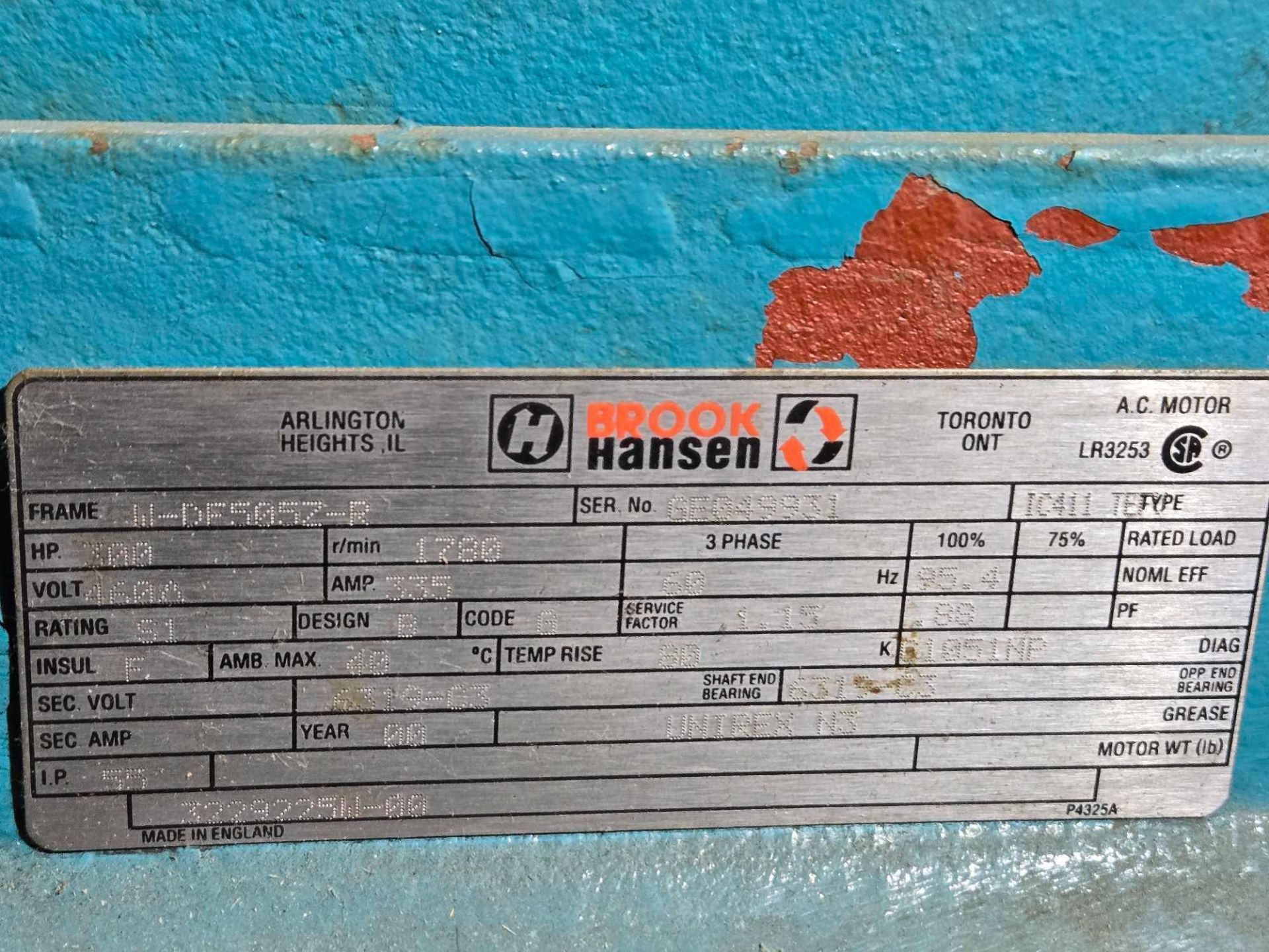 Brook Hansen 300 HP motor, s/n GE049931, 1780 RPM, 460V, W-DF505Z-R ...