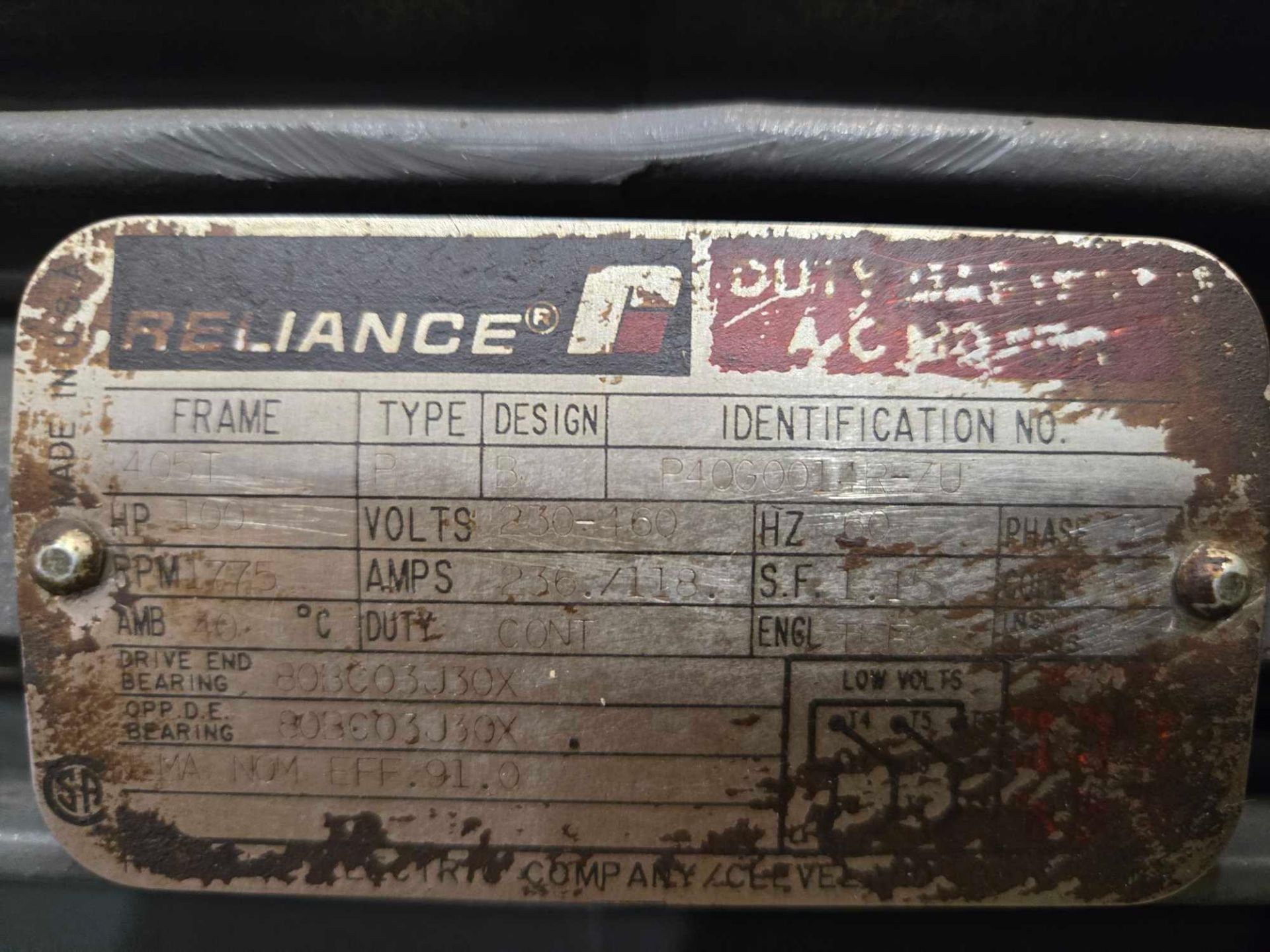 Reliance 100 HP motor, 1775 RPM, 230-460V, 405T Frame, (floor-back wall)