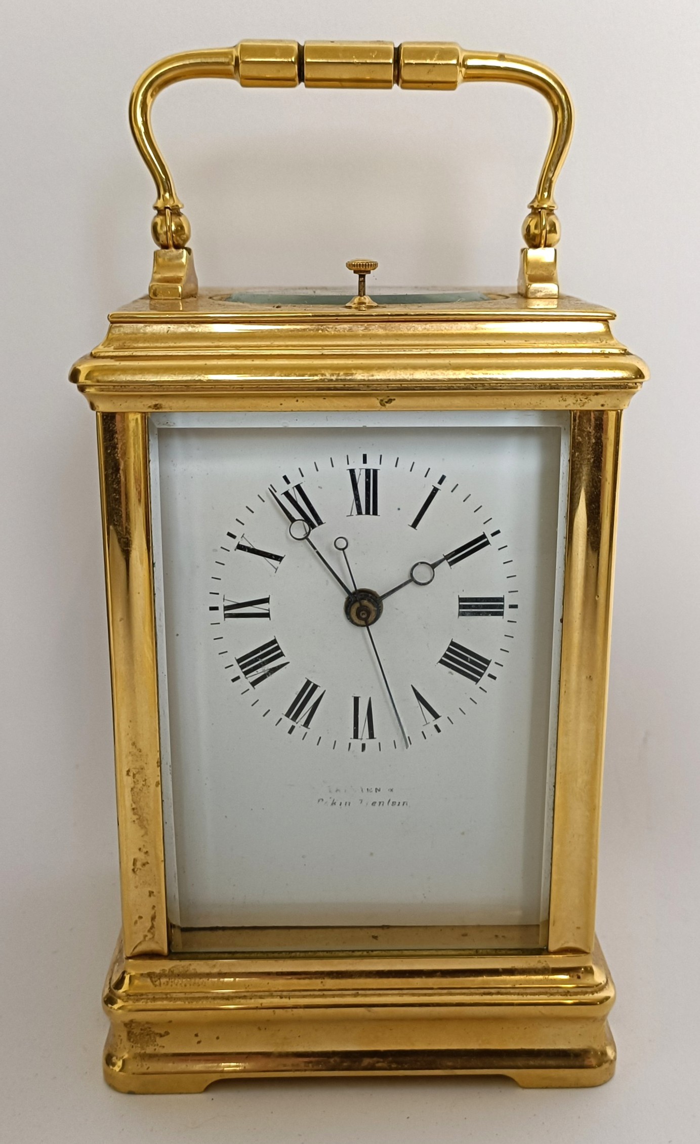 A carriage clock, with repeat, the 7 cm wide enamel dial with Roman ...