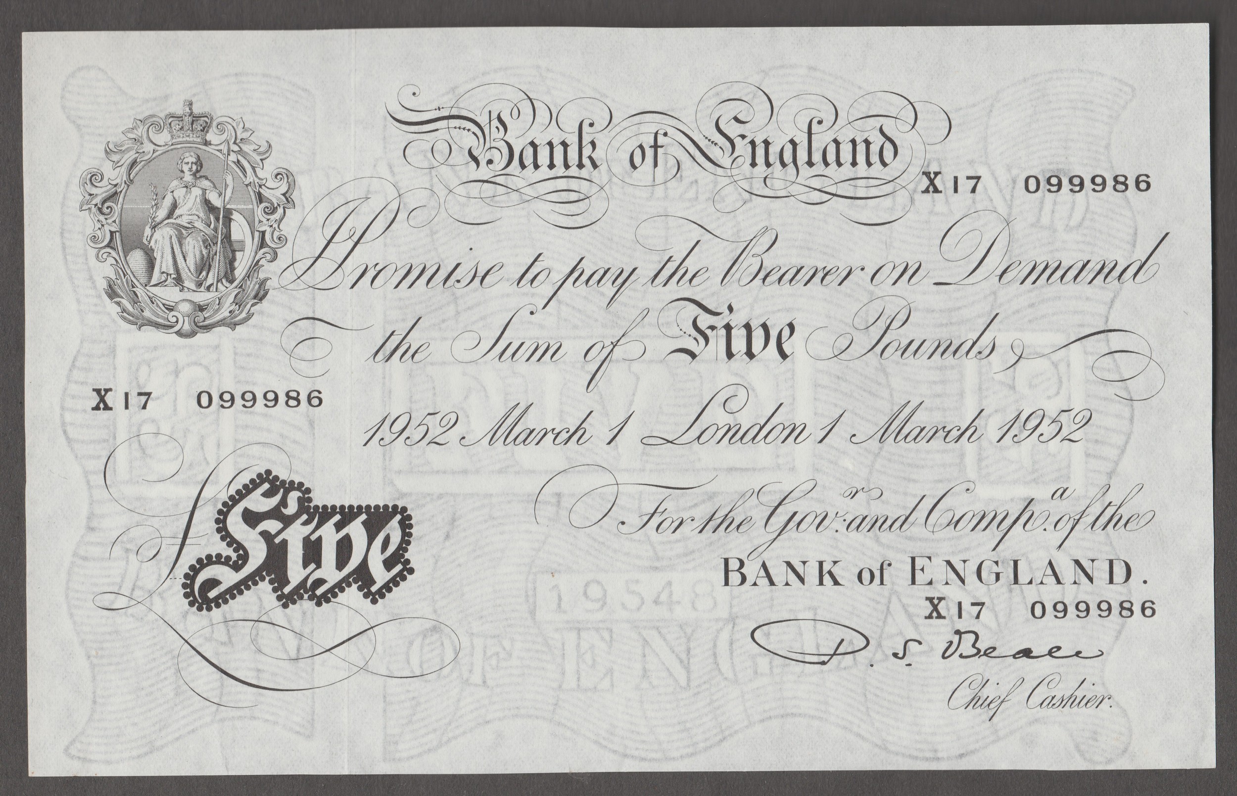 1952 Bank of England P S Beale White £5 Five Pound Banknote X17 099986 ...