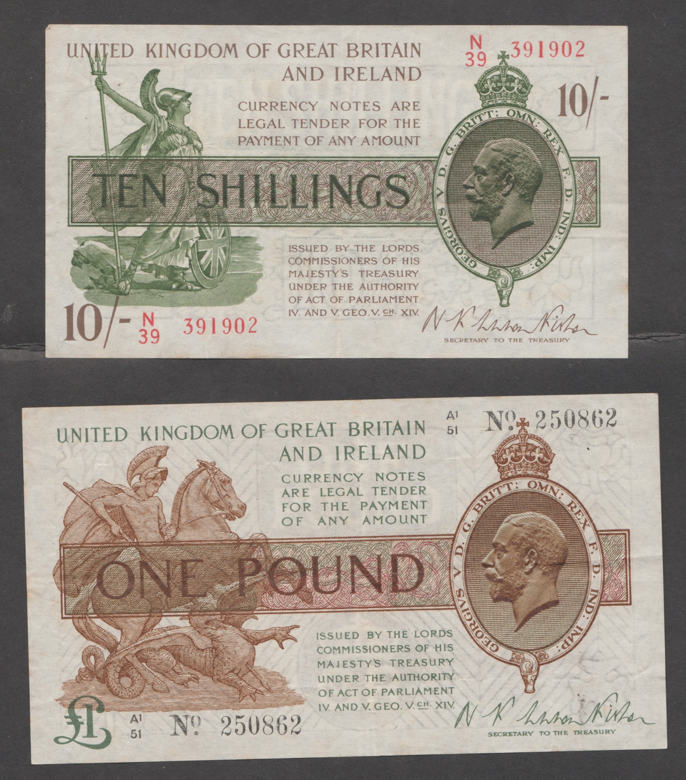 Two George V treasury banknotes note, N F Warren Fisher signed, £1 ...