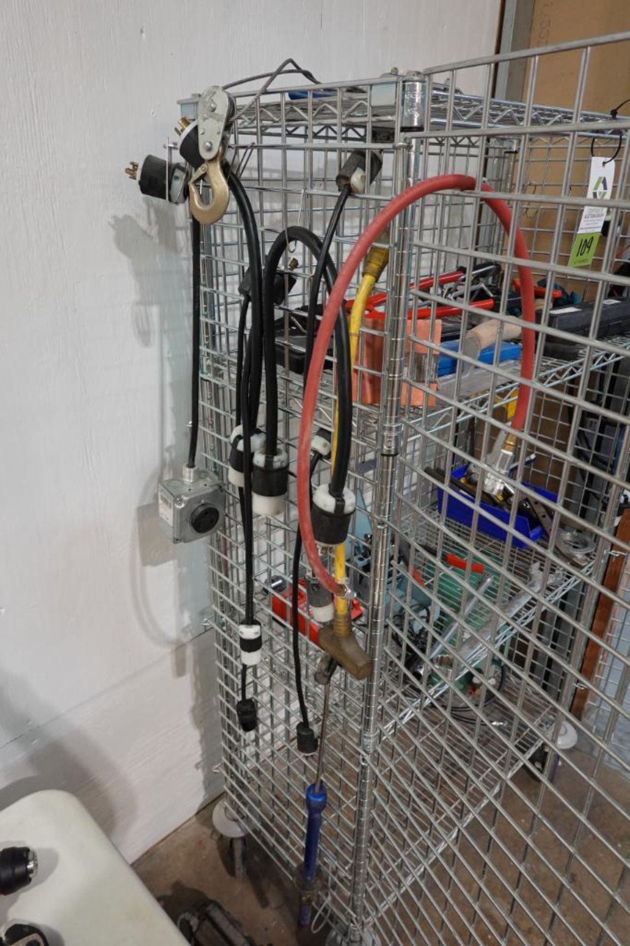Cage rack with contents, on casters, assorted tools **{3rd Party Simple ...