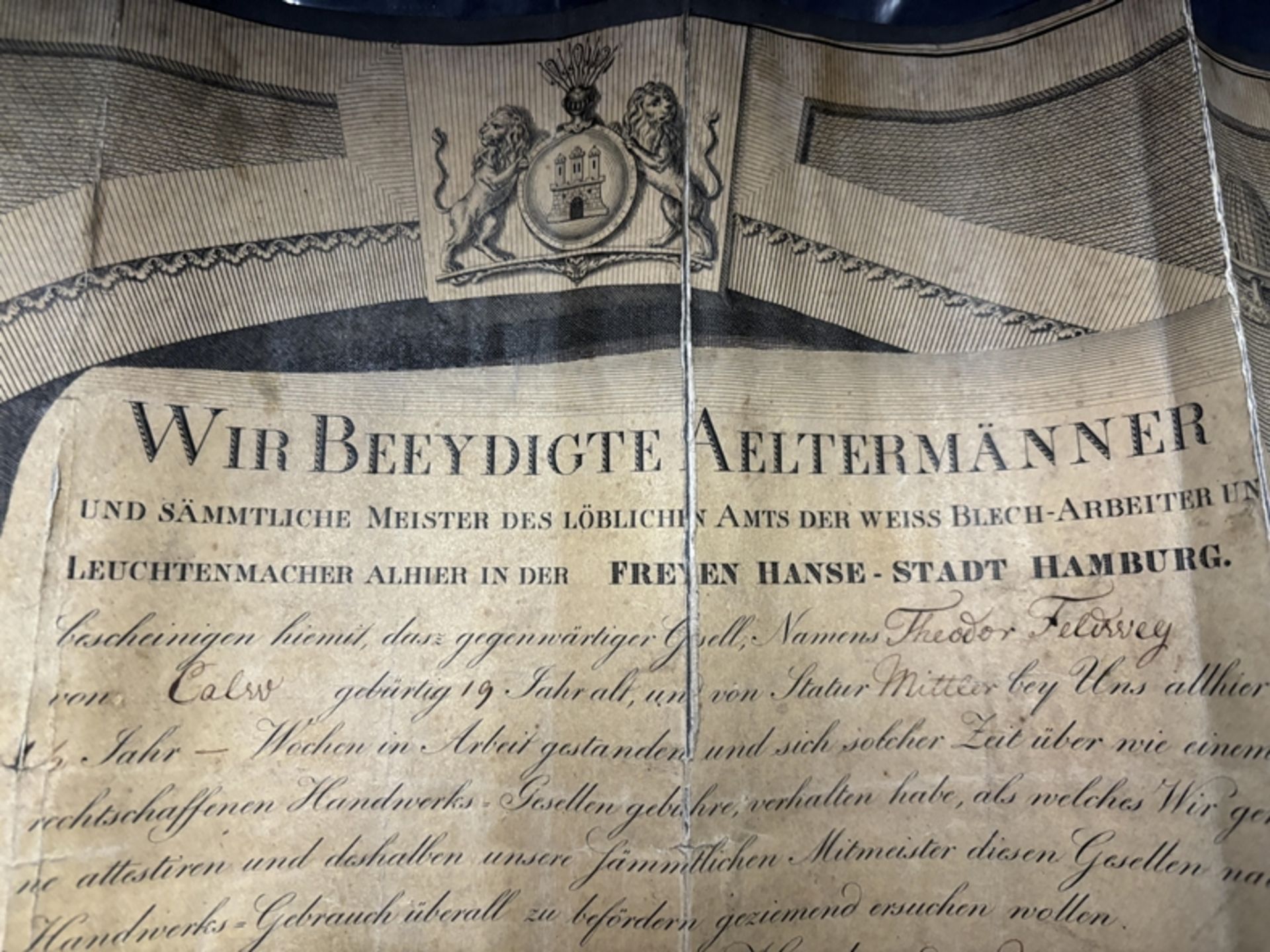 Hamburger Gesellenbrief 1835 für Weiß-Blech-und Lampenmacher ...