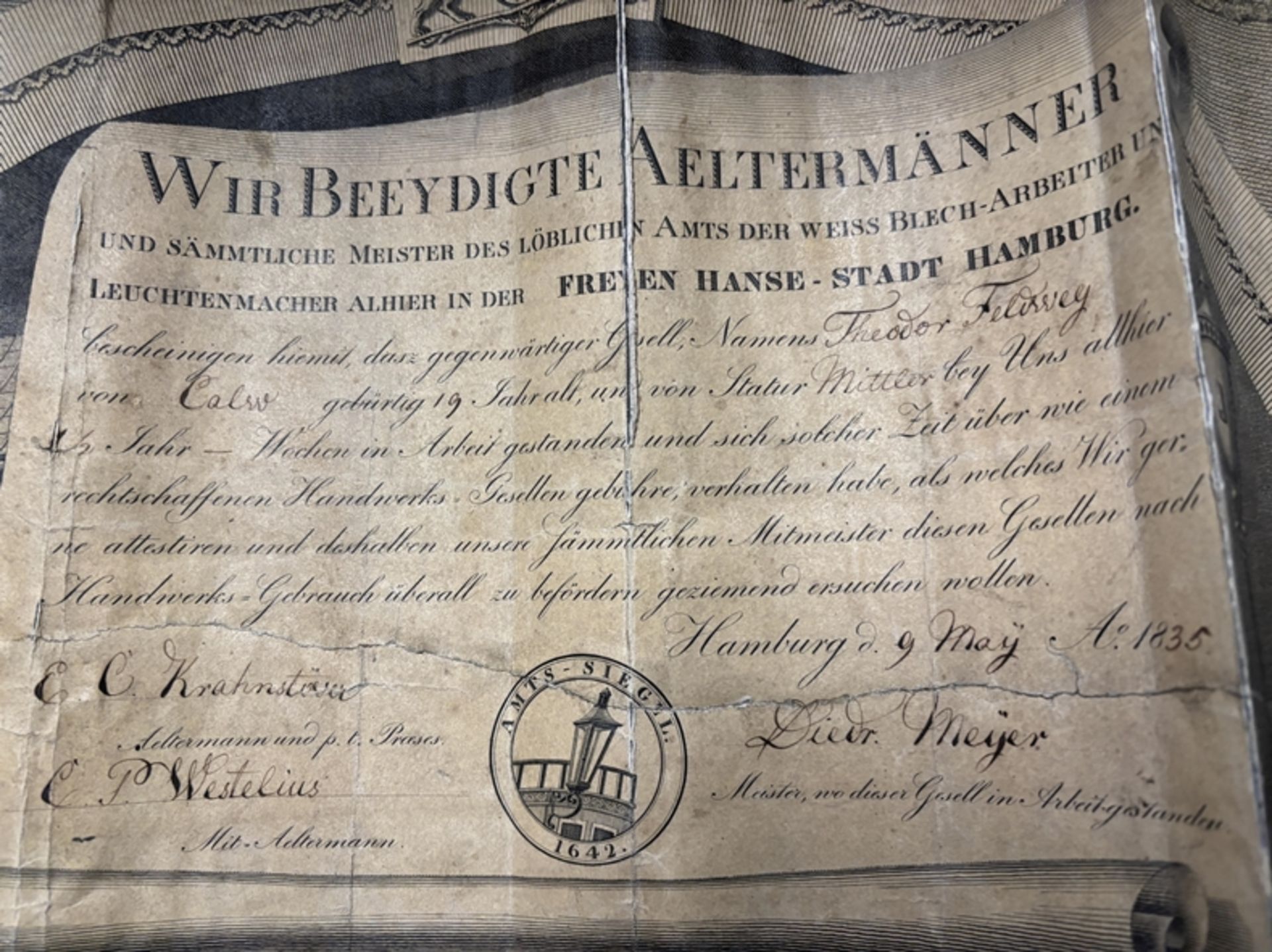 Hamburger Gesellenbrief 1835 für Weiß-Blech-und Lampenmacher ...