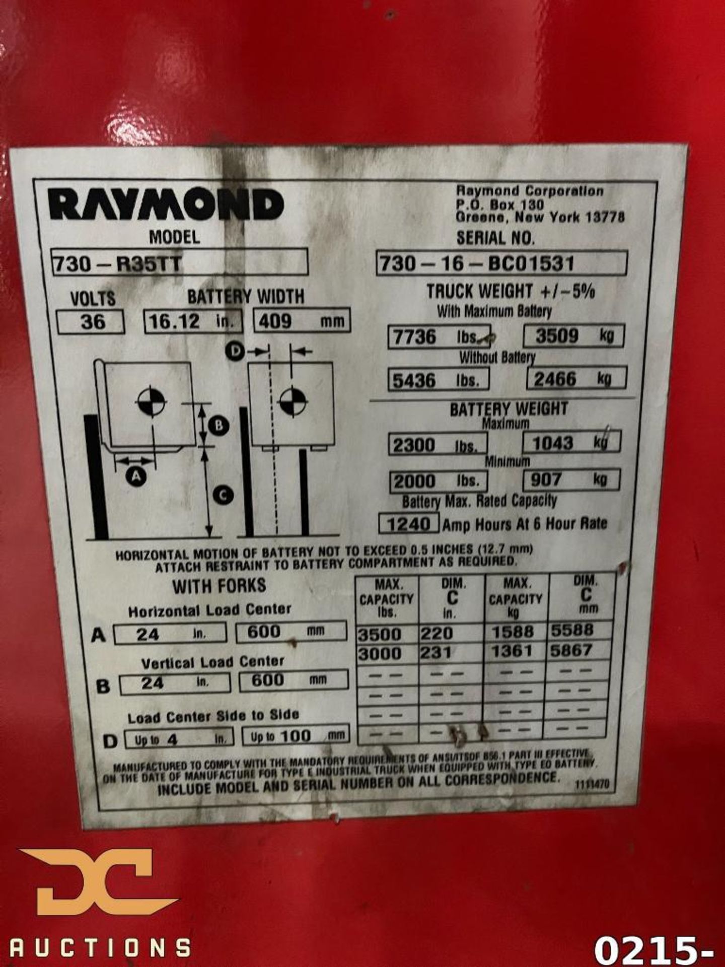 *Battery Included* Raymond Reach Truck Model: 730-R35TT S/N: 730-16 ...