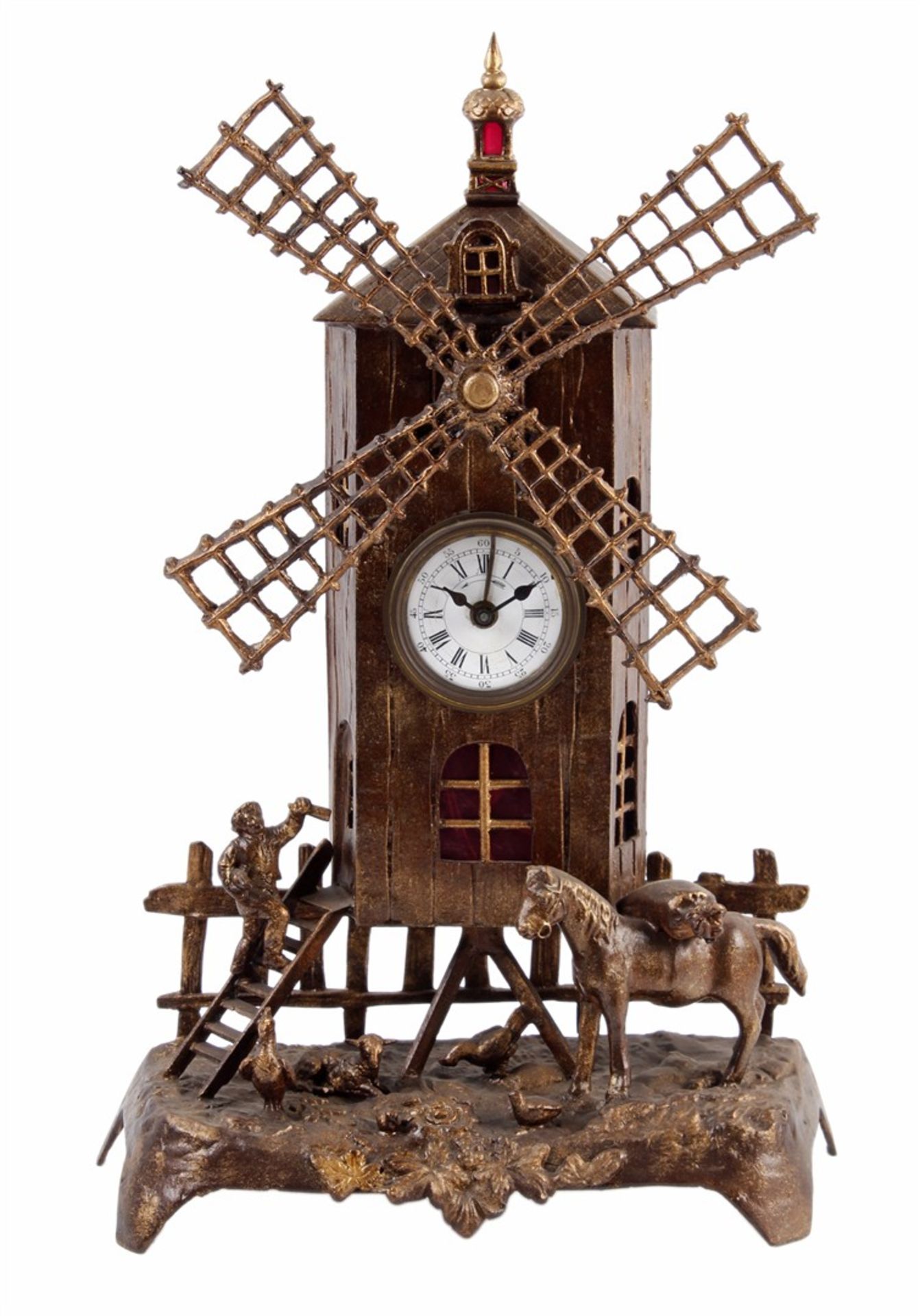 Zamak mill clock with electric movement, 46 cm high, 30 cm wide