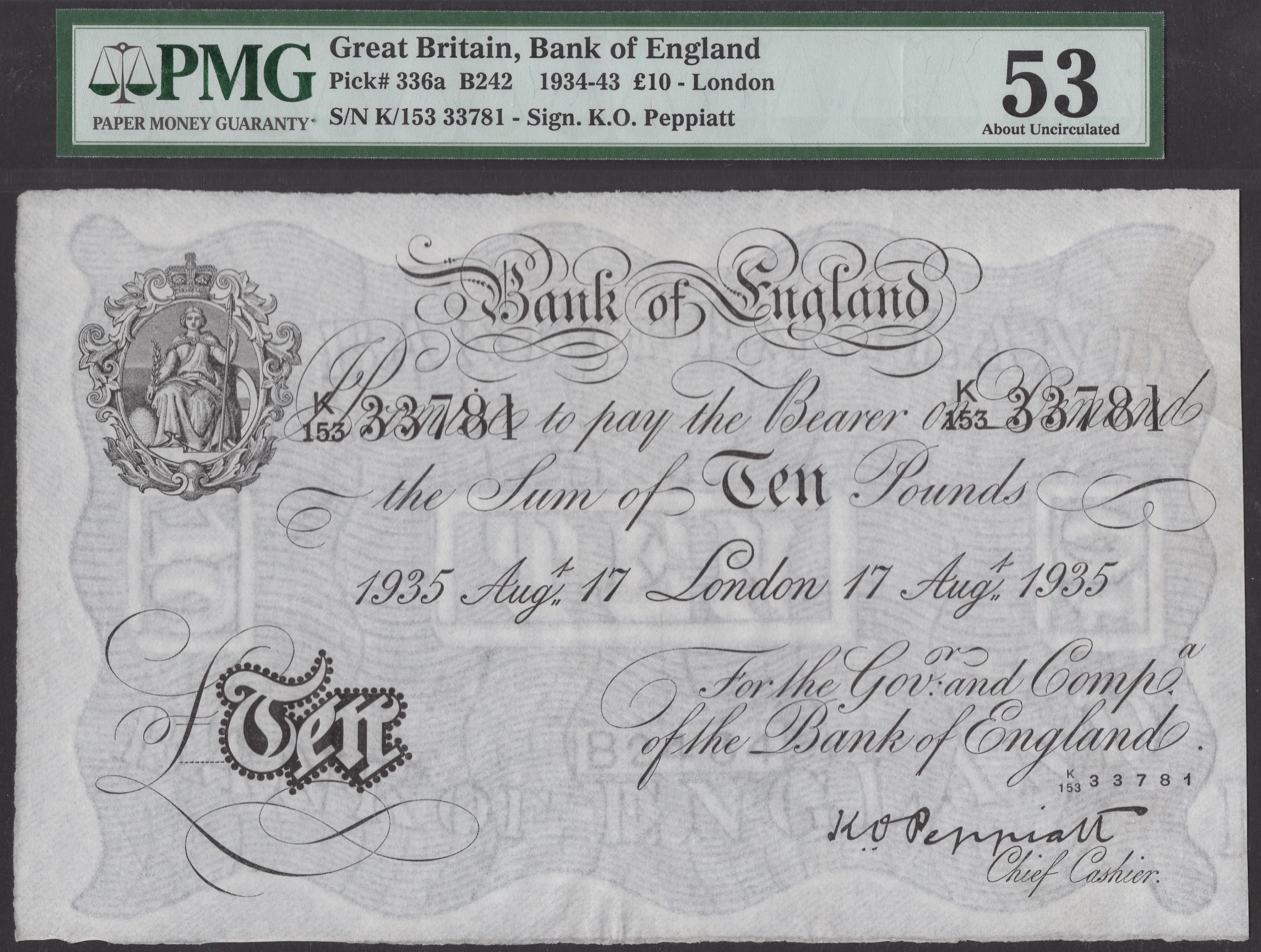 Bank of England, Kenneth O. Peppiatt, £10, London, 17 August 1935 ...