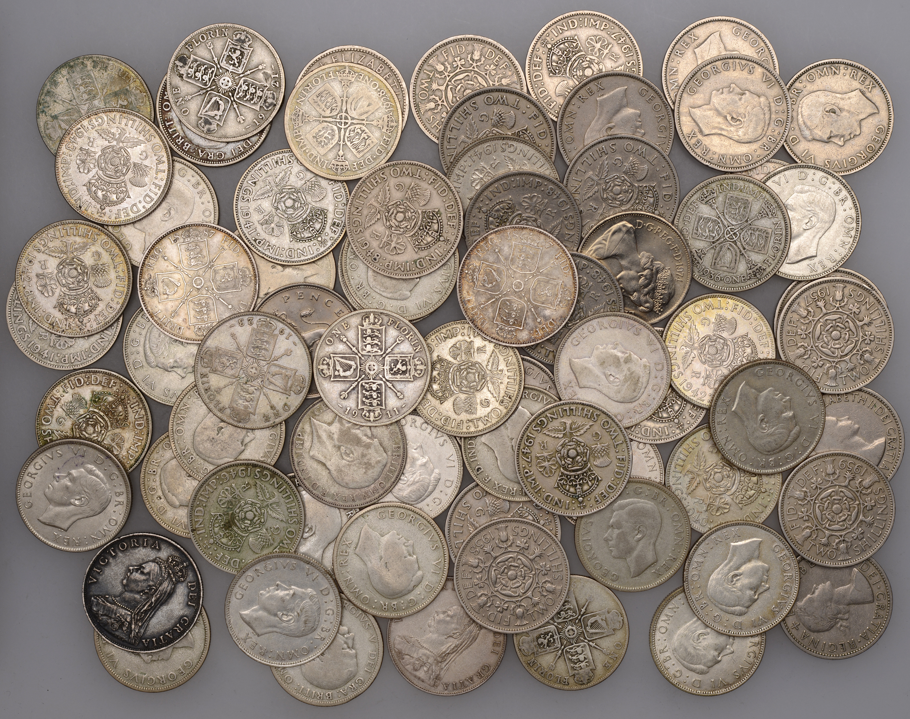 Miscellaneous Florins in silver (46) and base metal (24), various dates ...