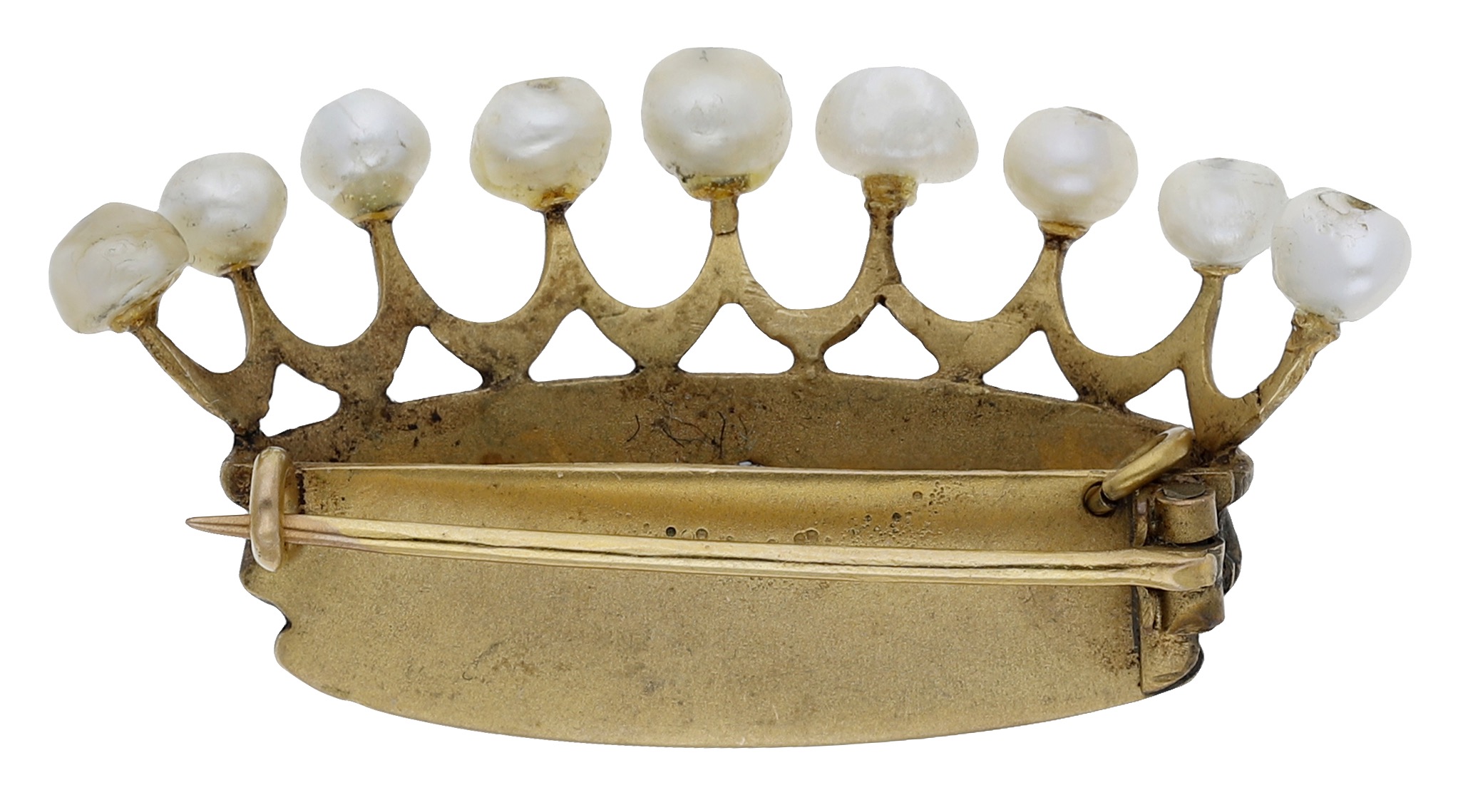 A gem-set coronet brooch, the textured coronet gem-set and with pearl ...