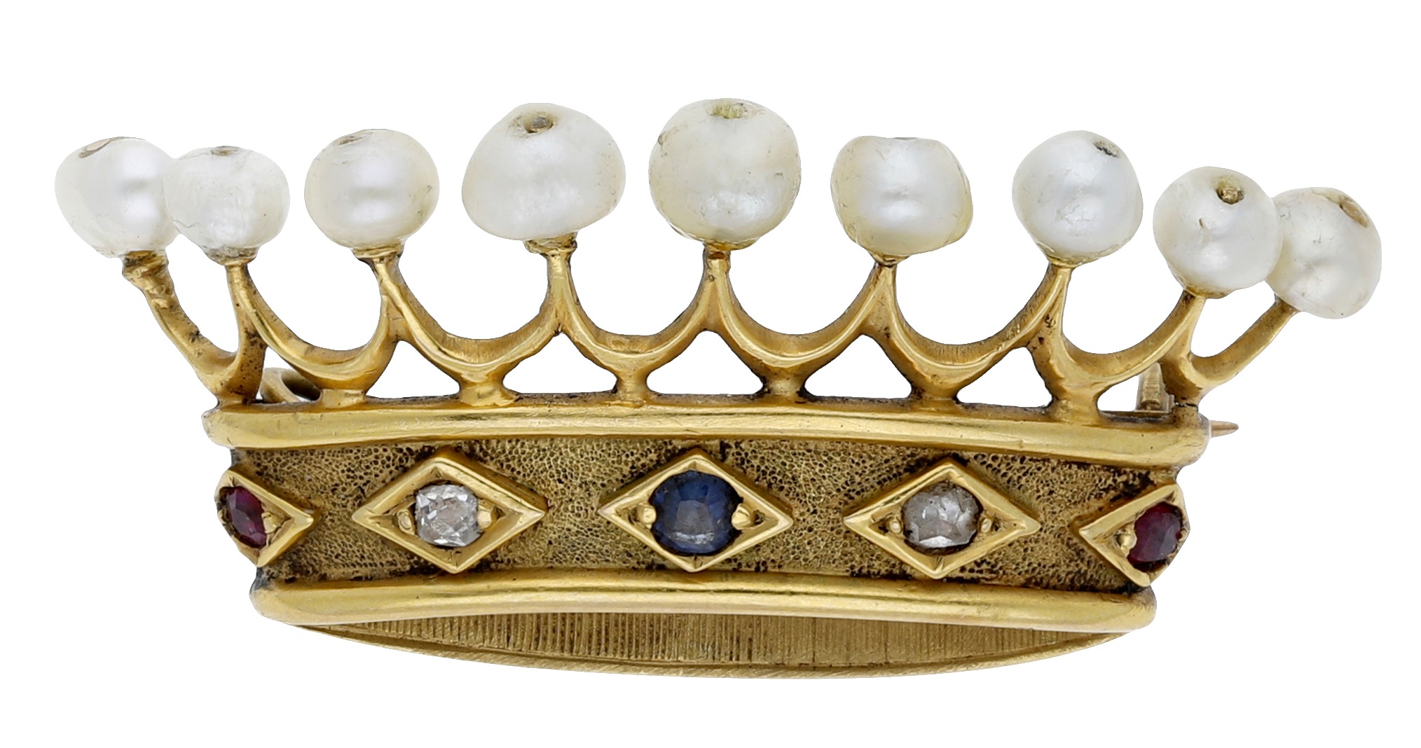 A gem-set coronet brooch, the textured coronet gem-set and with pearl ...