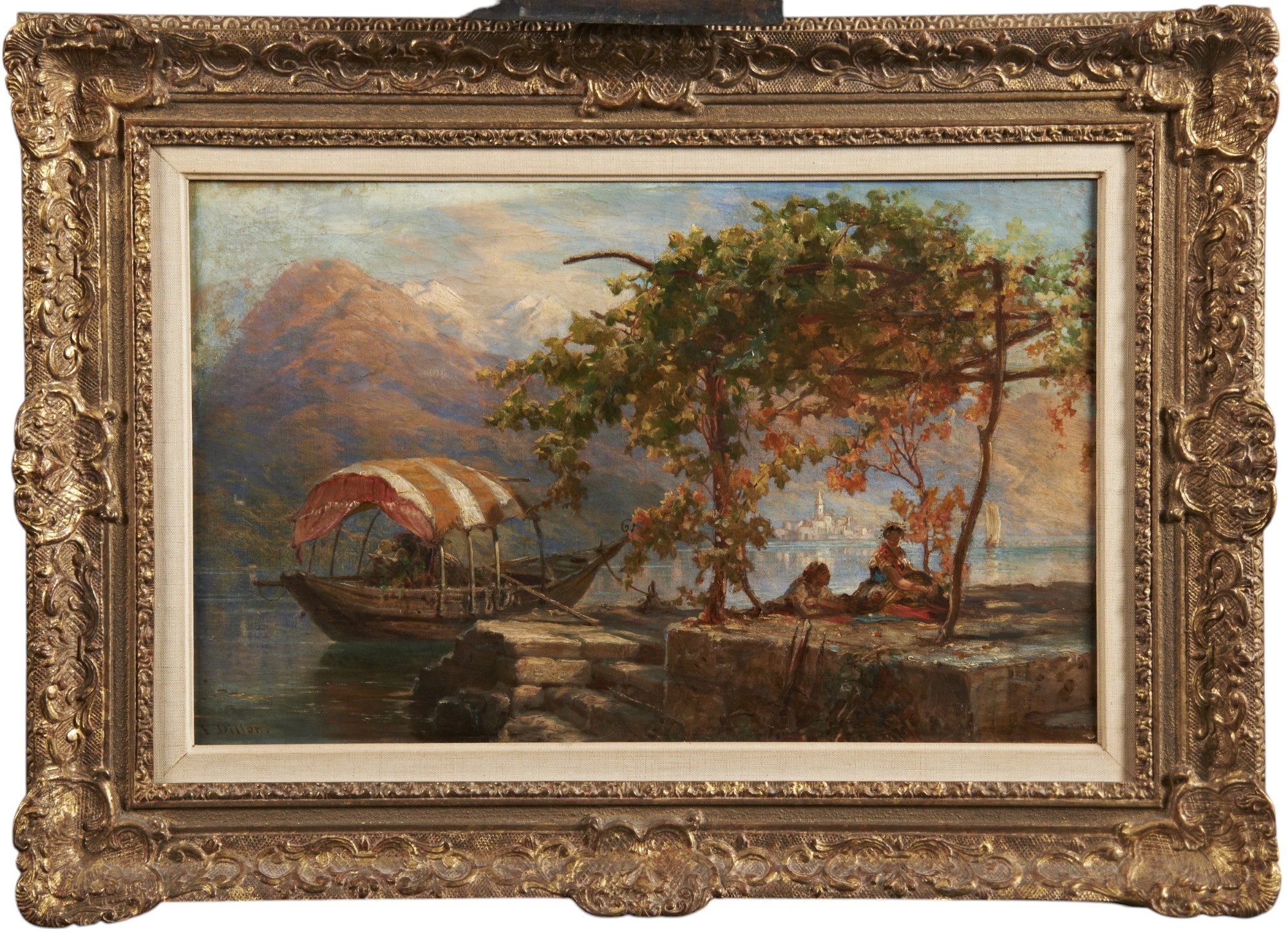 FRANK DILLON (1823-1909) 'LAKE MAGIORE' OIL PAINTING ON CANVAS signed ...