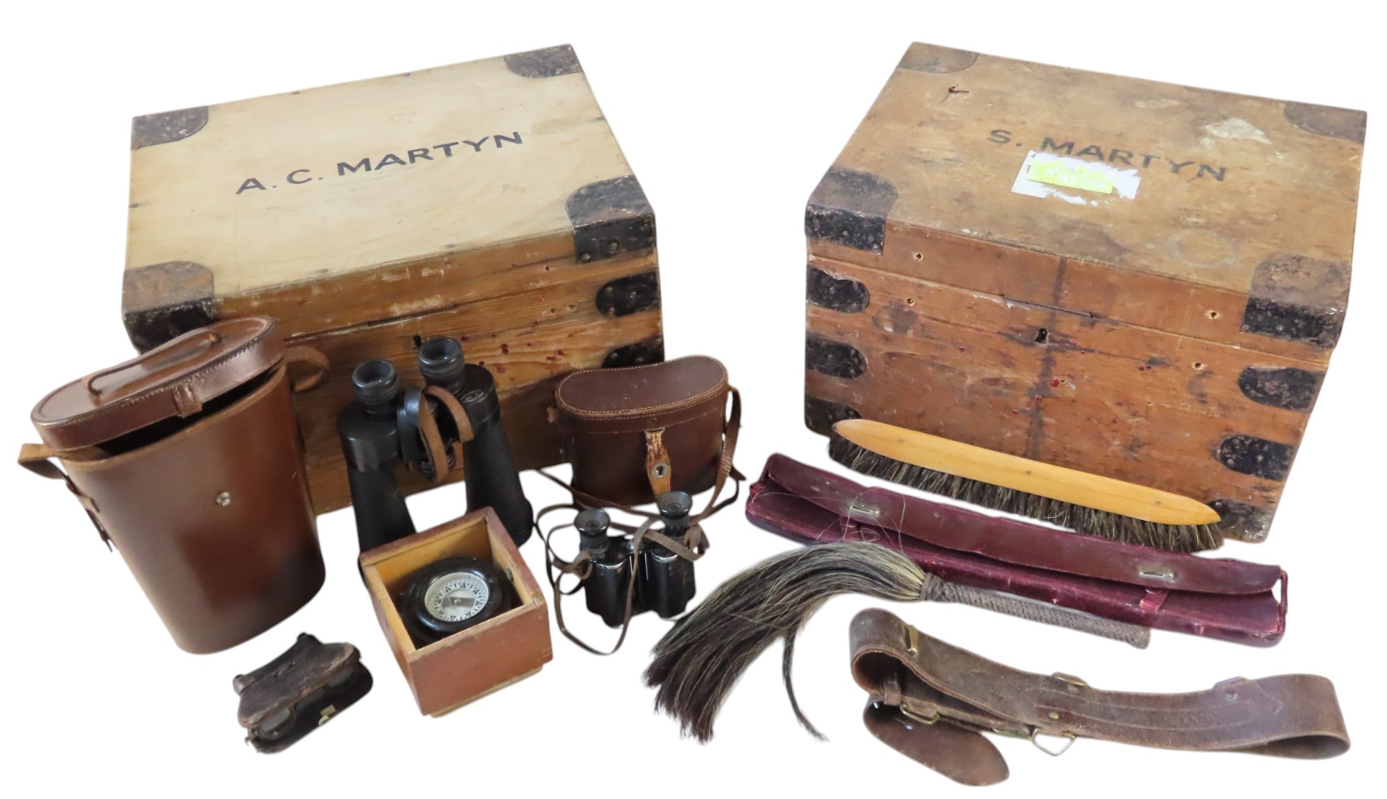 TWO VINTAGE STENCILLED PINE STORAGE BOXES together with two pairs of ...