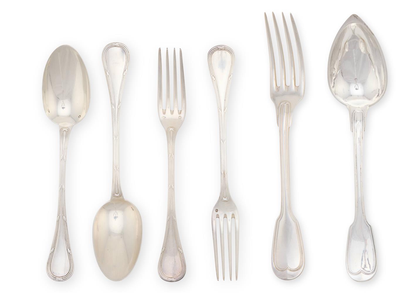 A COLLECTION OF FRENCH SILVER FLATWARE To include: a fiddle and thread ...