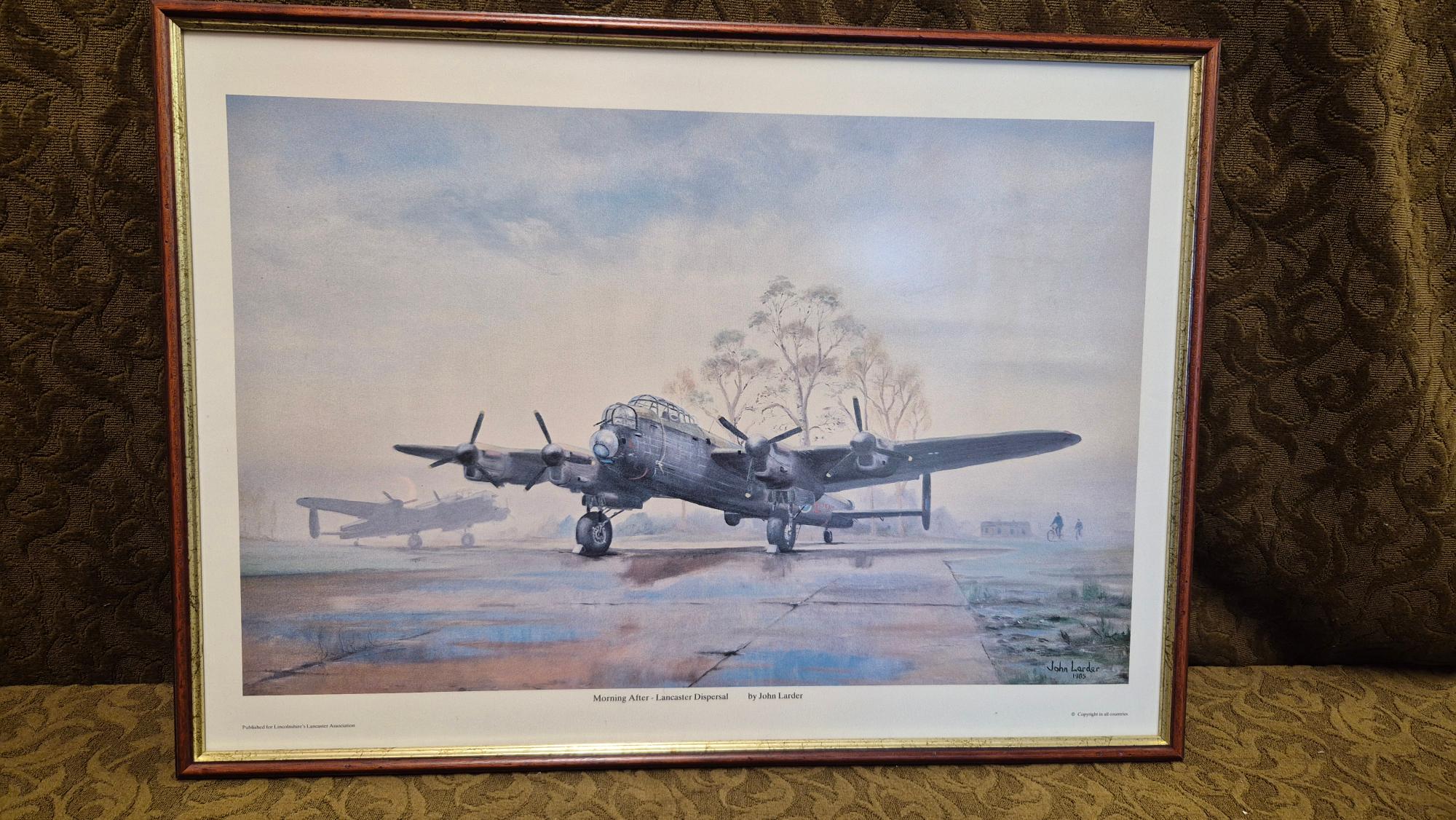 Framed print Lancaster Bomber, "Morning After" by John Larder. 65cm x 48cm.