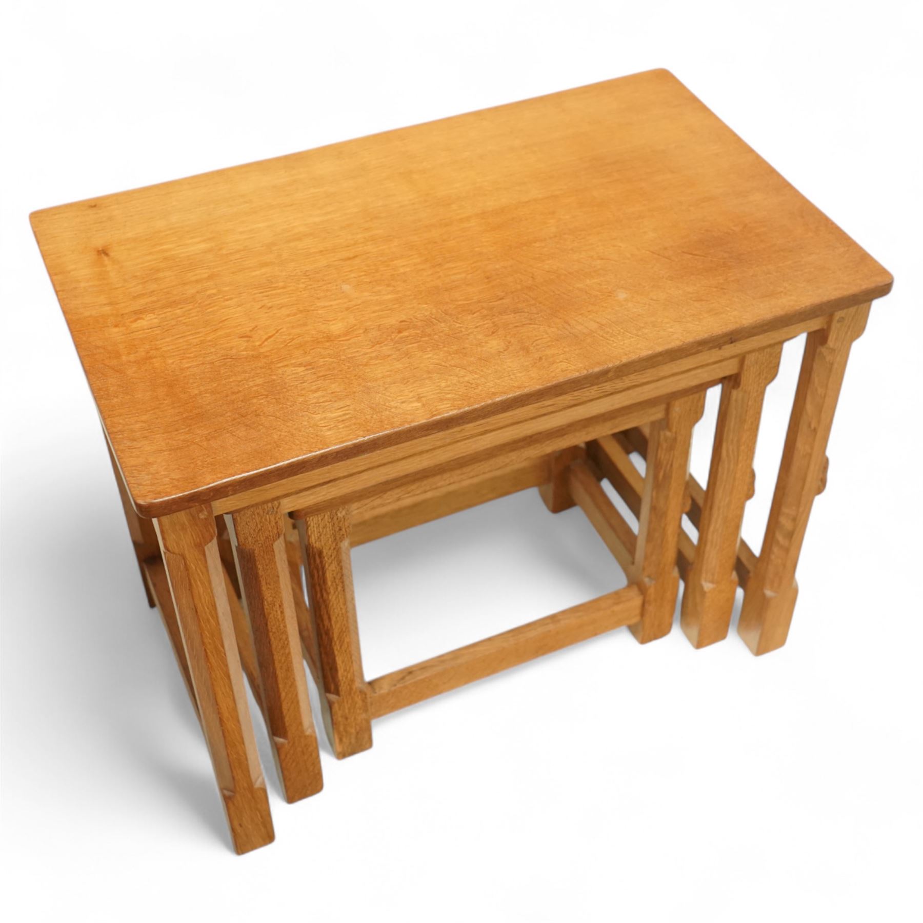 Mouseman - nest of three oak occasional tables, rectangular adzed top ...