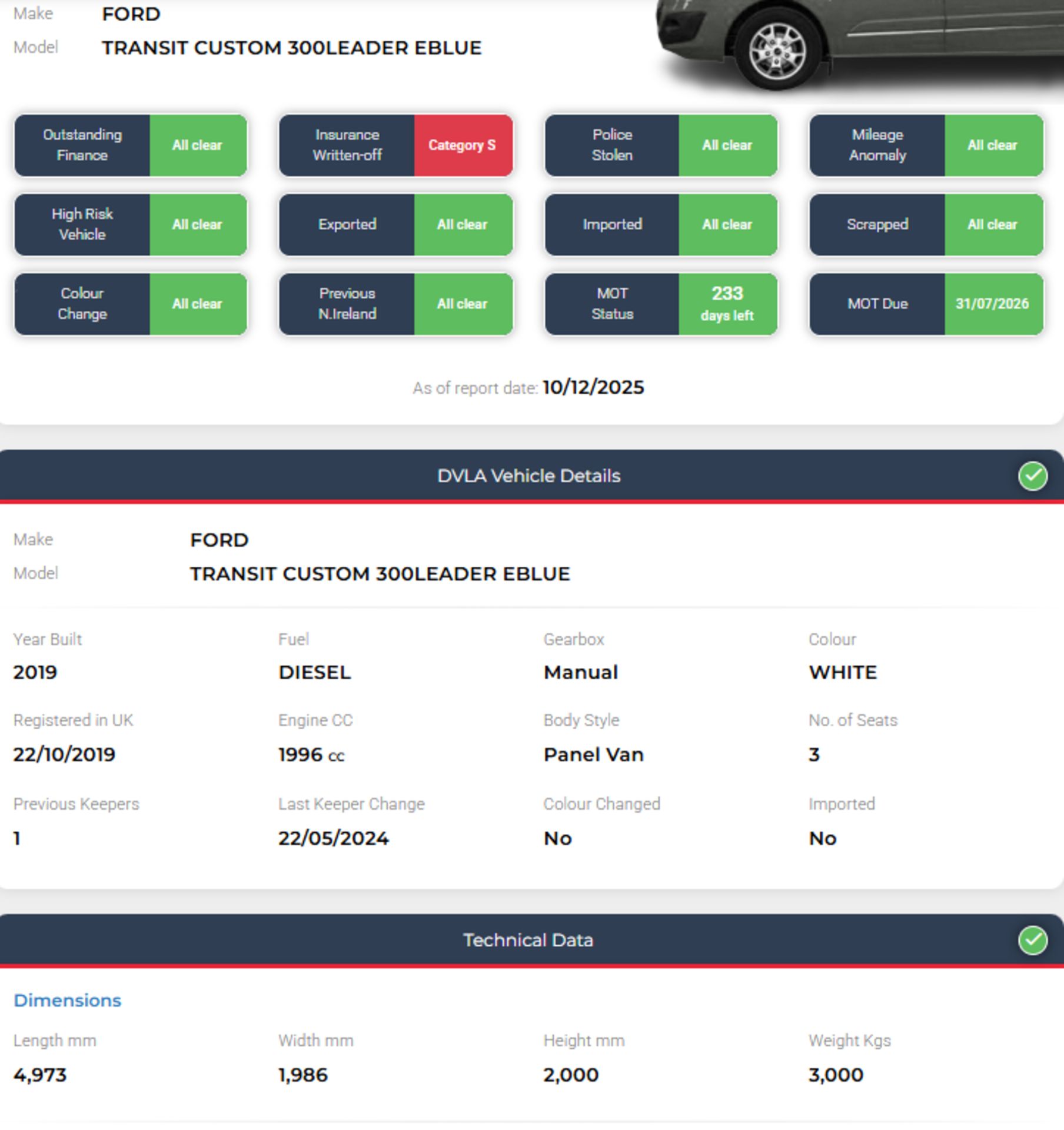 2020 Ford Transit Custom 300 Leader EcoBlue As of report date {10/12 ...