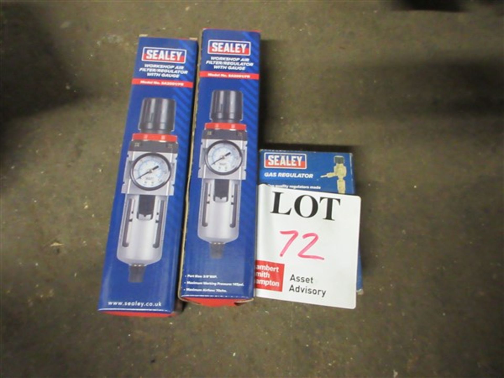 Two Sealey workshop air filter/regulators with gauges and one Sealey ...