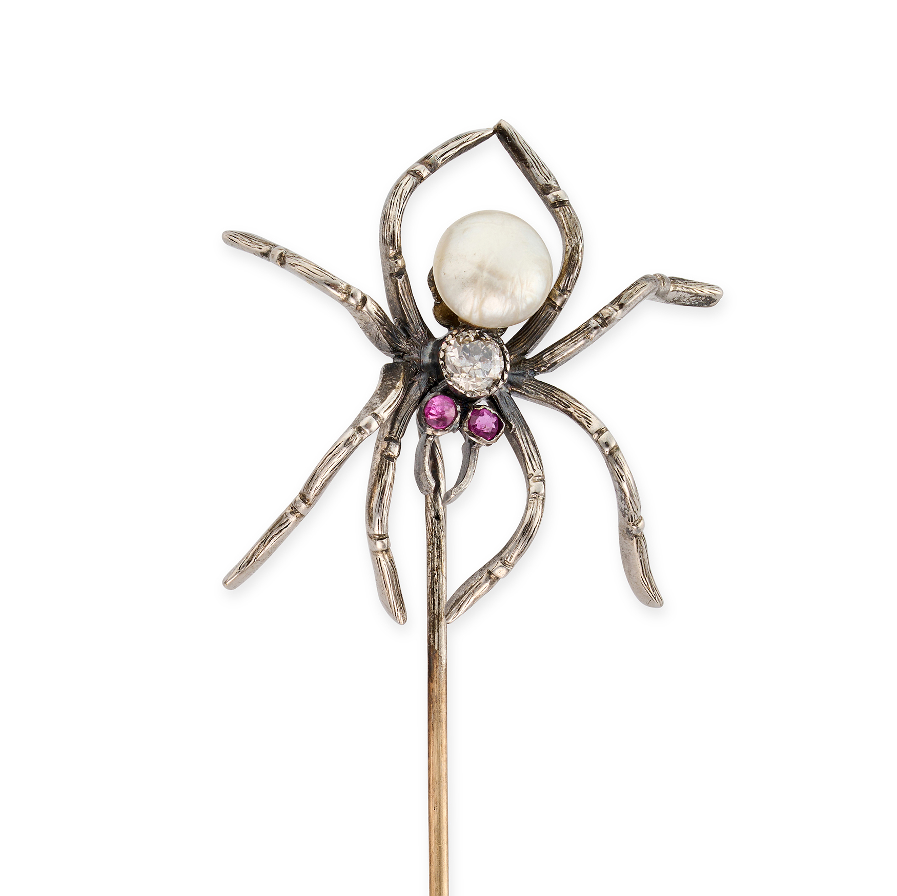 NO RESERVE - AN ANTIQUE DIAMOND, NATURAL PEARL AND RUBY SPIDER STICK ...