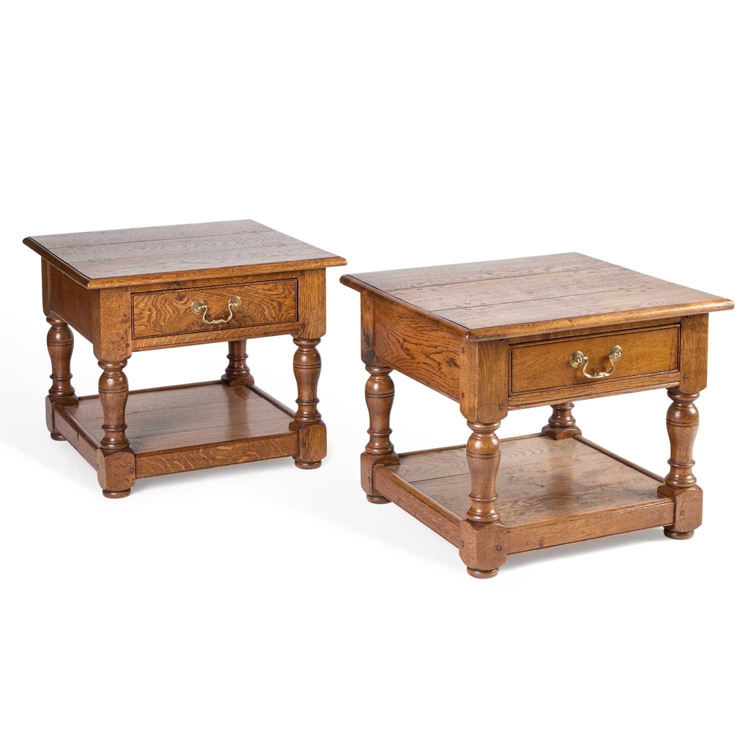 A PAIR OF PERIOD STYLE OAK SIDE TABLES each with a square moulded top ...