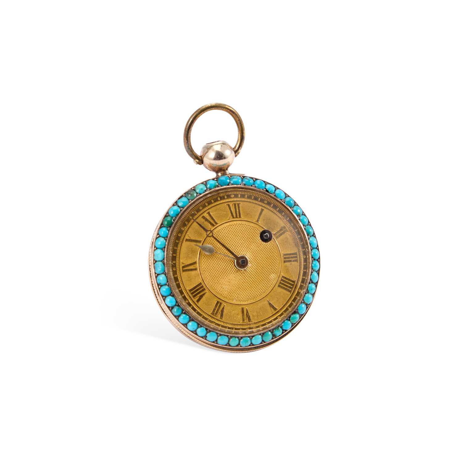 AN 18K GOLD TURQUOISE SET POCKET WATCH the circular champagne dial with ...