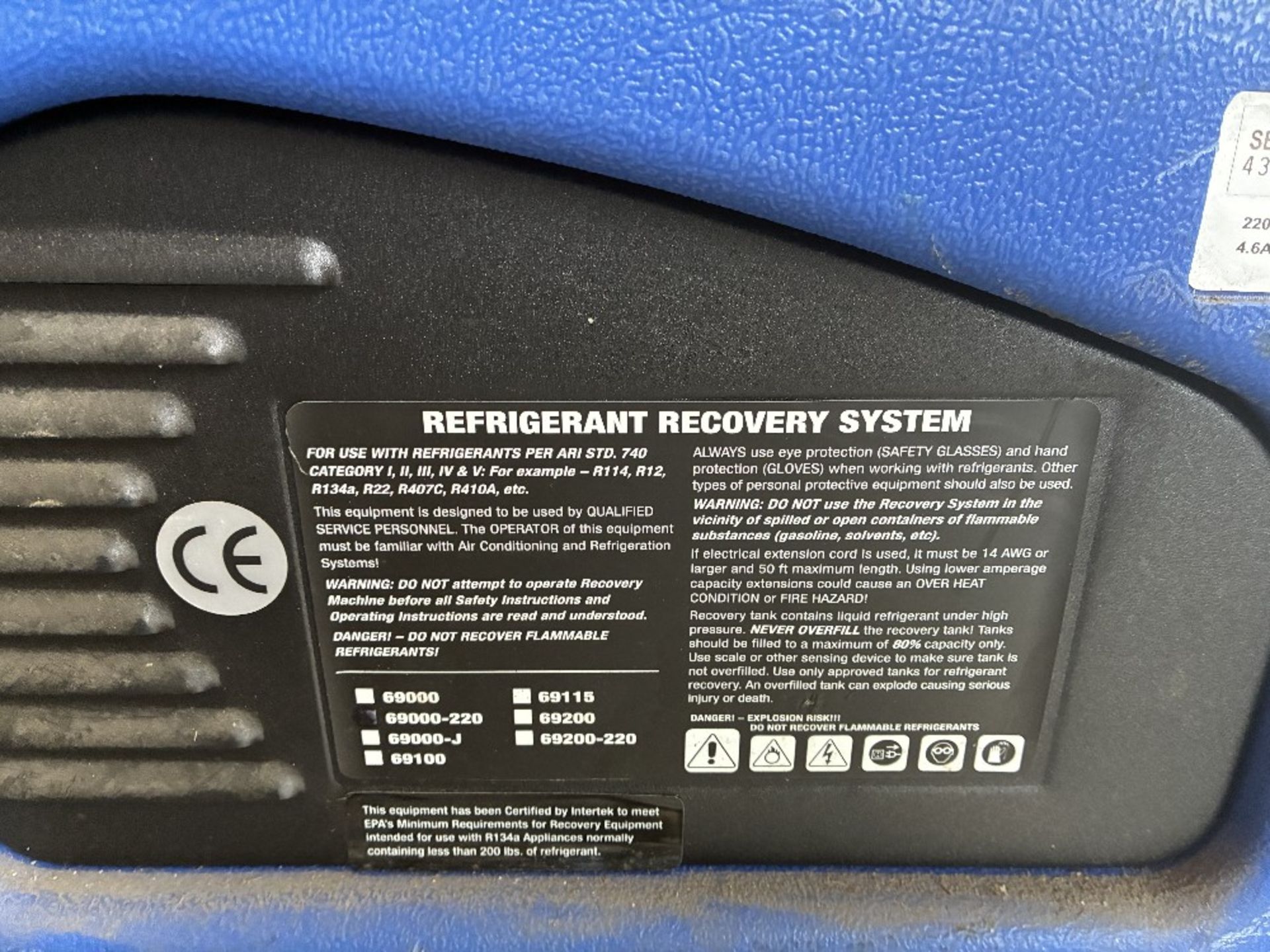 Mastercool 69000-220 Refrigerate Recovery SystemSerial No. 432305