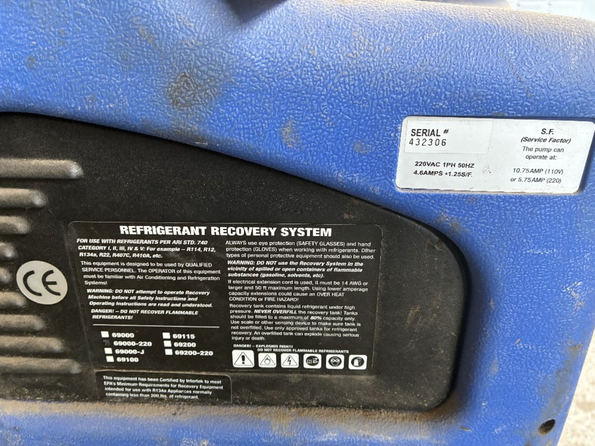Mastercool 69000-220 Refrigerate Recovery SystemSerial No. 432305
