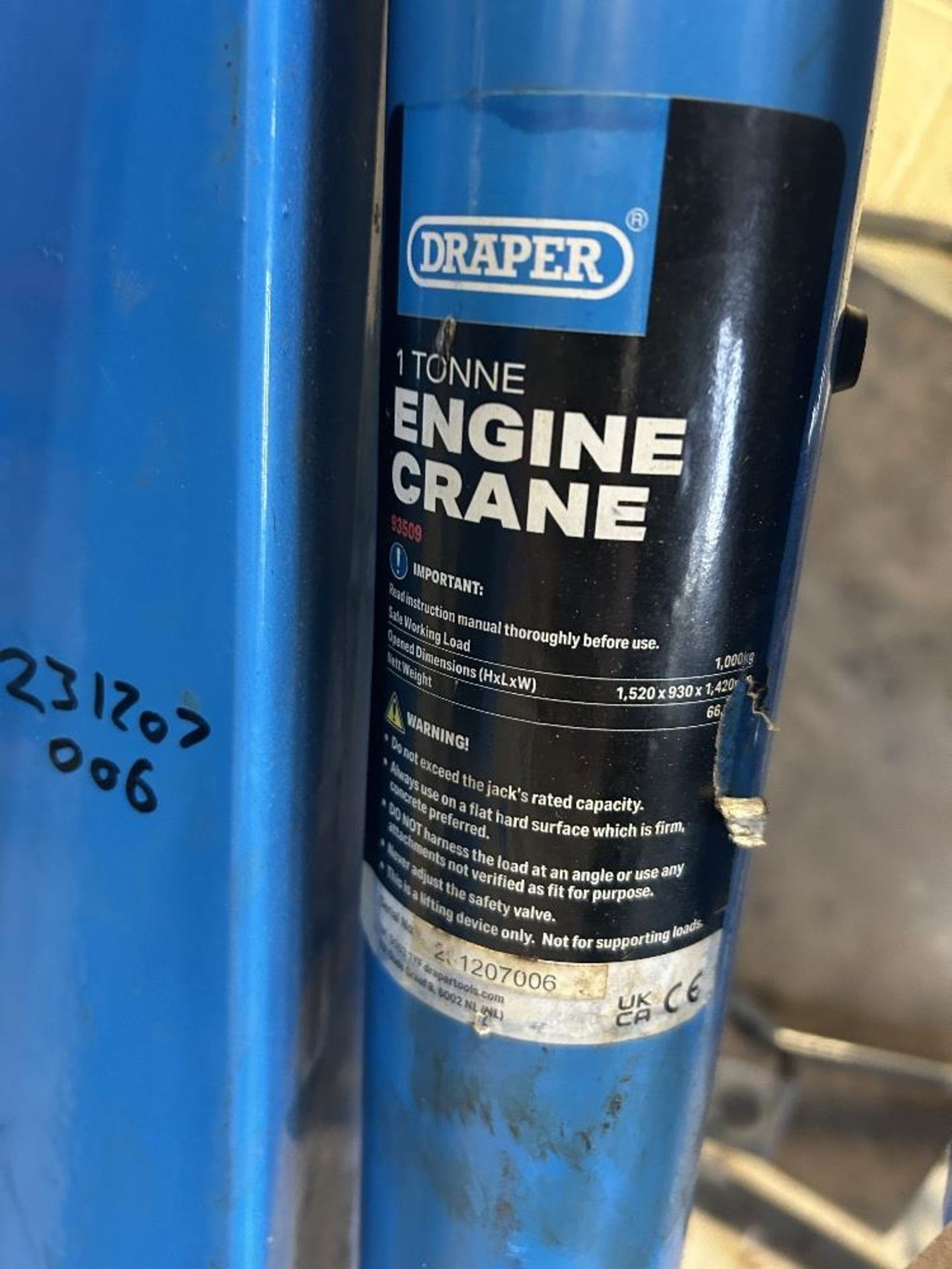 Draper 1 Tonne Mobile Engine CraneSerial No.231207006Open Dimensions ...