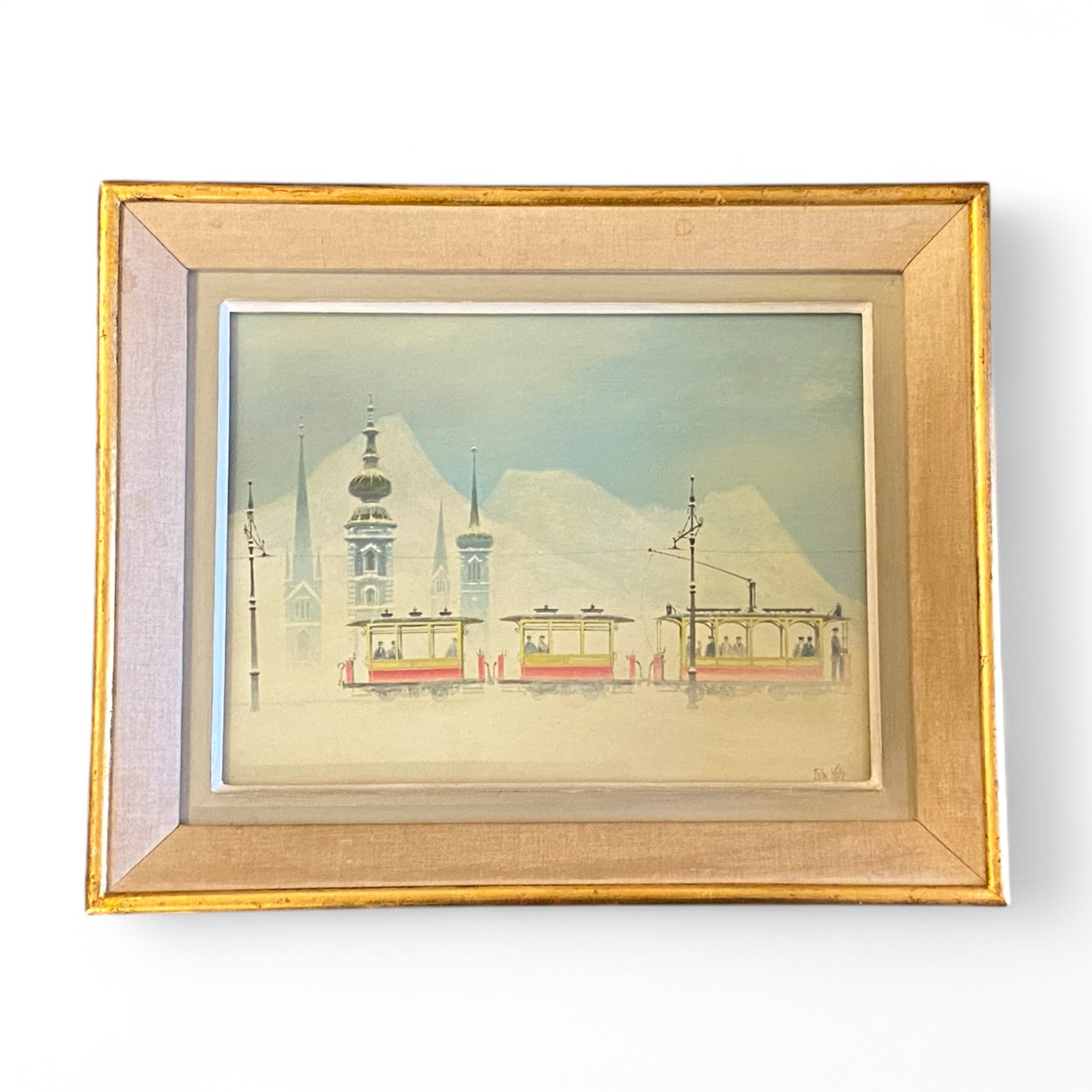 Felix Kelly (New Zealand, 1914 - 1994) Trams, Innsbruck Oil on board ...