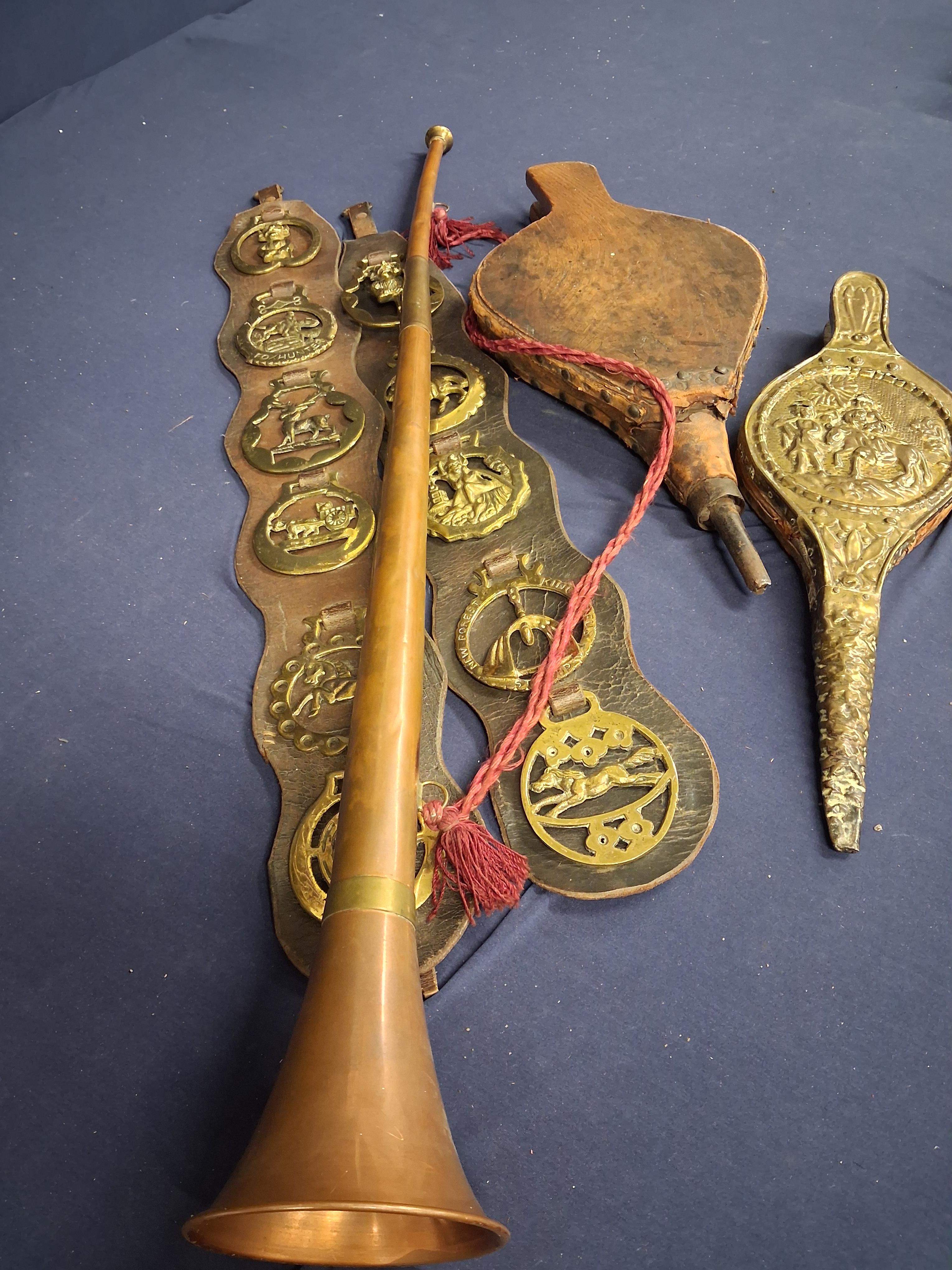 Job lot of traditional antiques including copper hunting horn, pair of ...