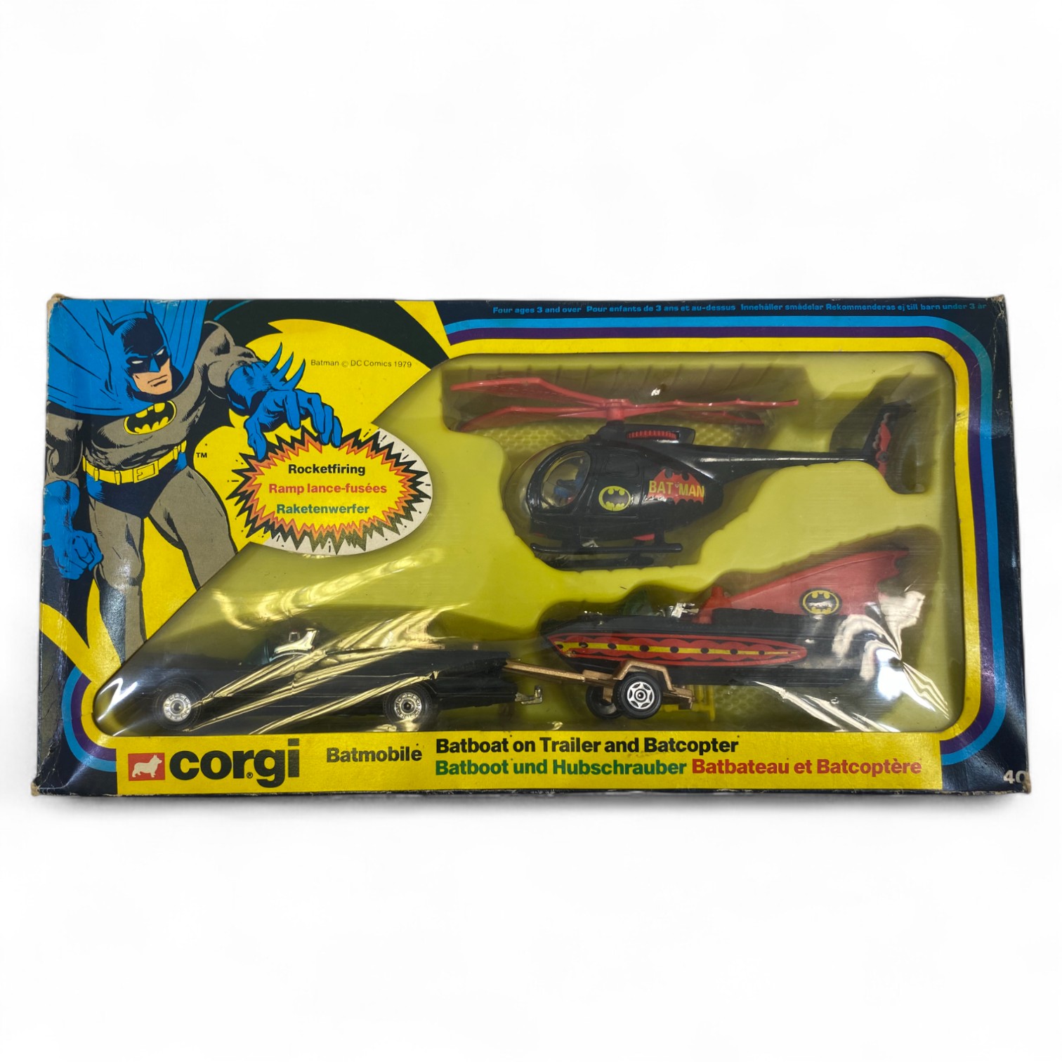 A rare Corgi Batmobile, Batboat on Trailer and Batcopter, Gift Set 40 ...