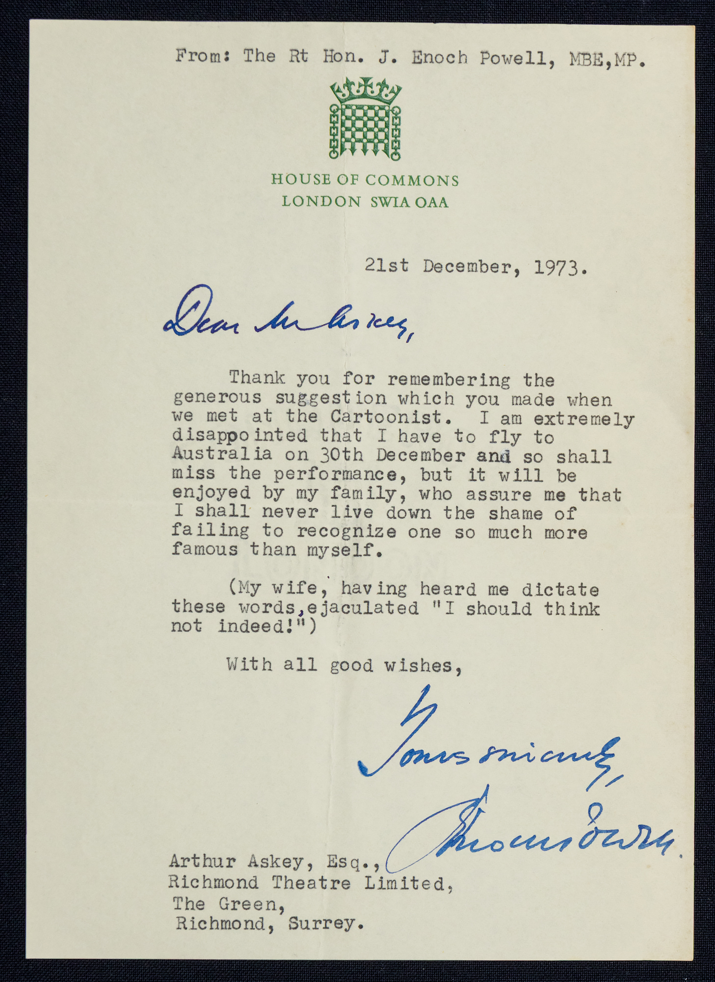 Powell, Enoch (1912-1998), TLS, House of Commons headed notepaper, 21st ...