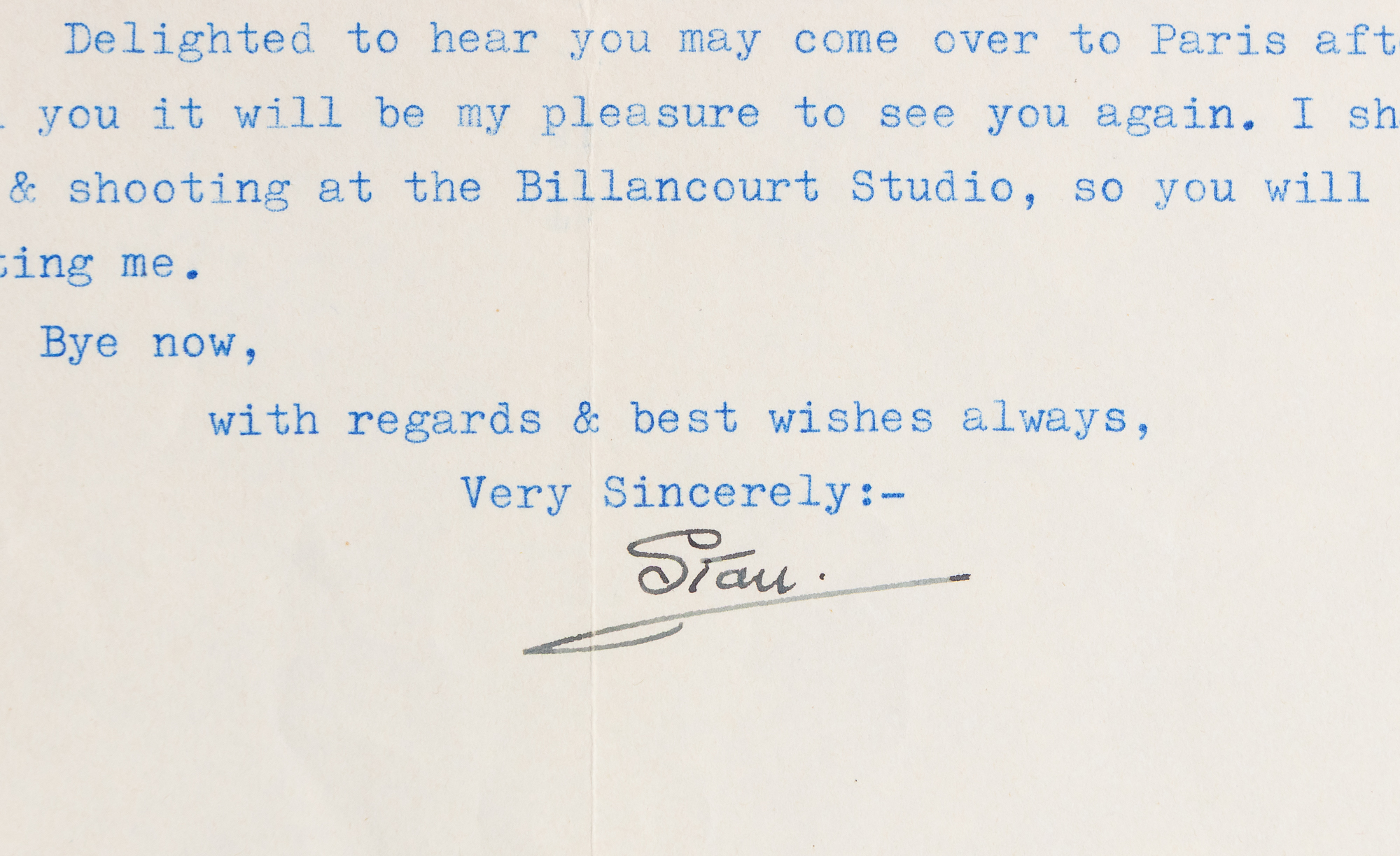 Laurel, Stan (1890-1965), typed letter in blue and signed in black ink ...