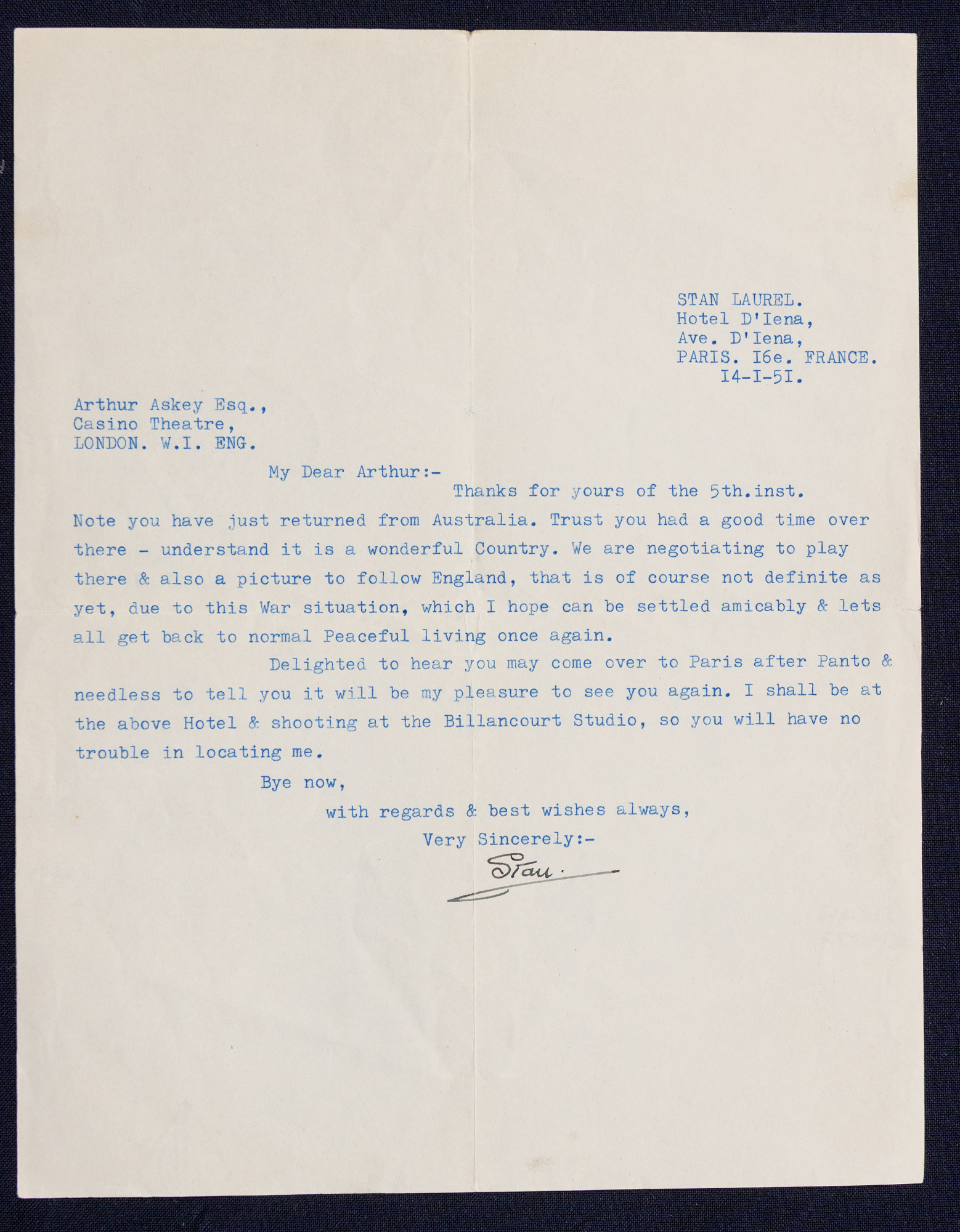 Laurel, Stan (1890-1965), typed letter in blue and signed in black ink ...