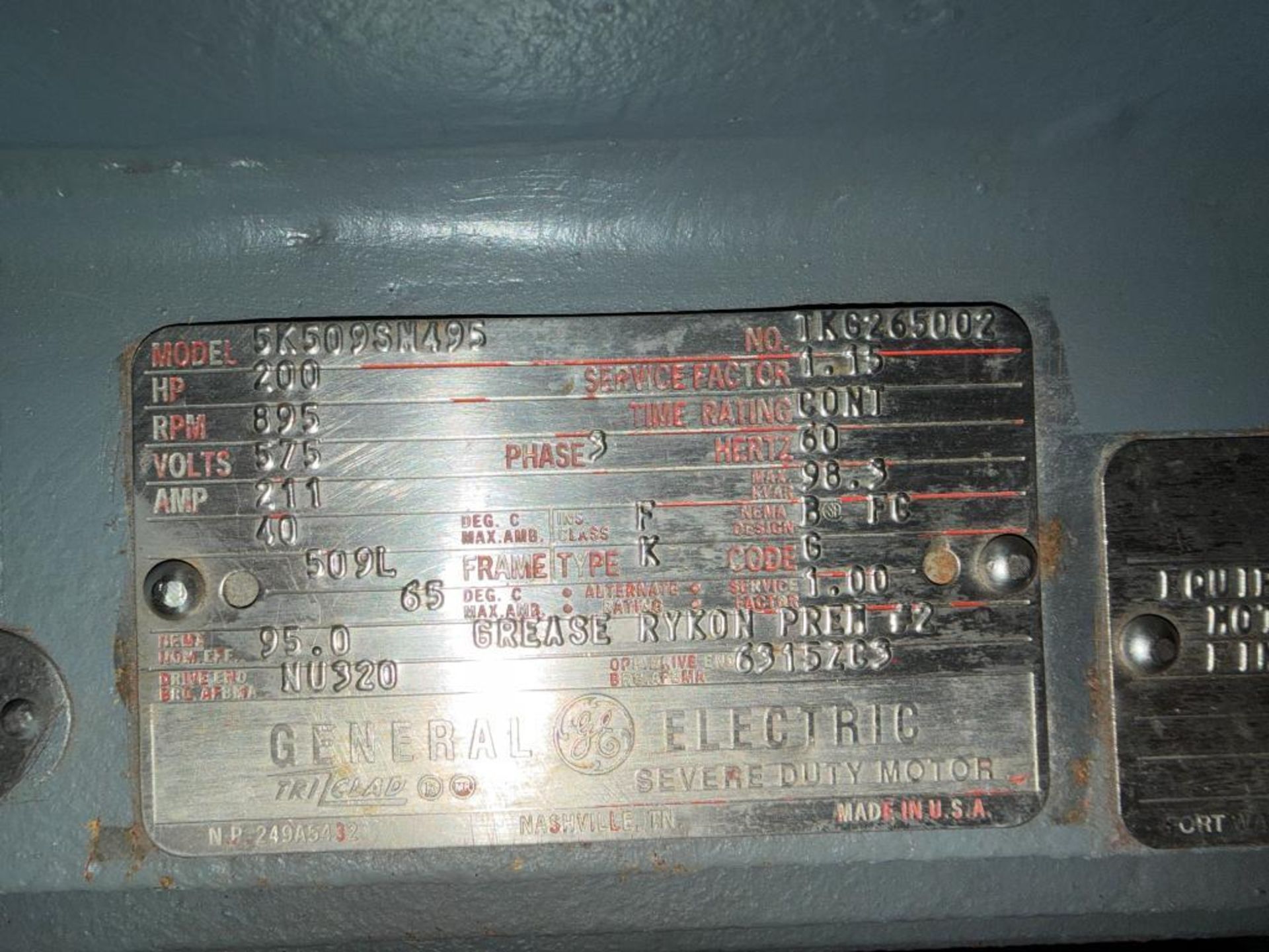 200 HP GENERAL ELECTRIC 575V MOTOR 509L FRAME - Simple Rigging/Loading ...