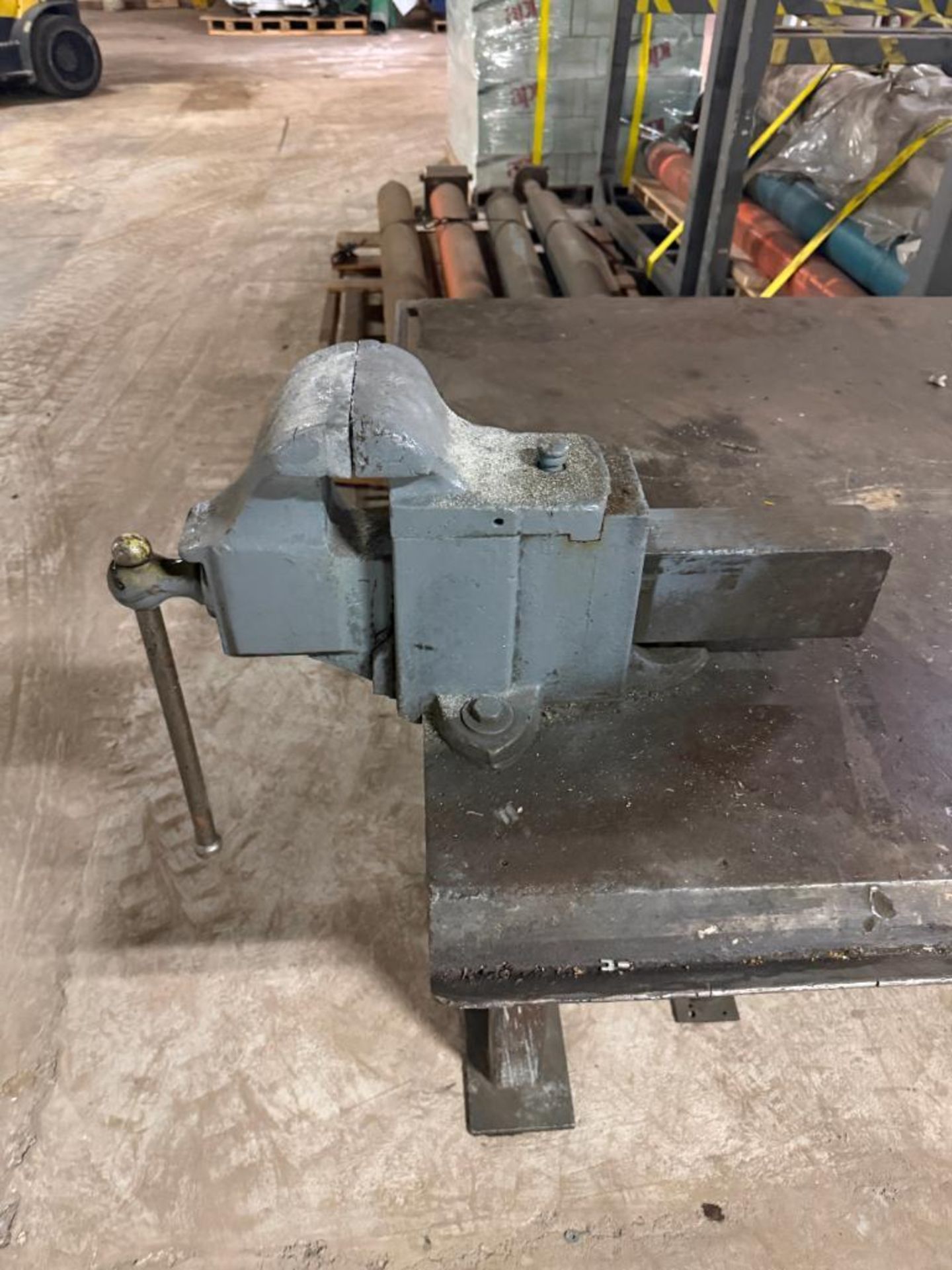 STEEL MACHINE SHOP TABLE W/ VICE - Simple Rigging/Loading Fee: $50