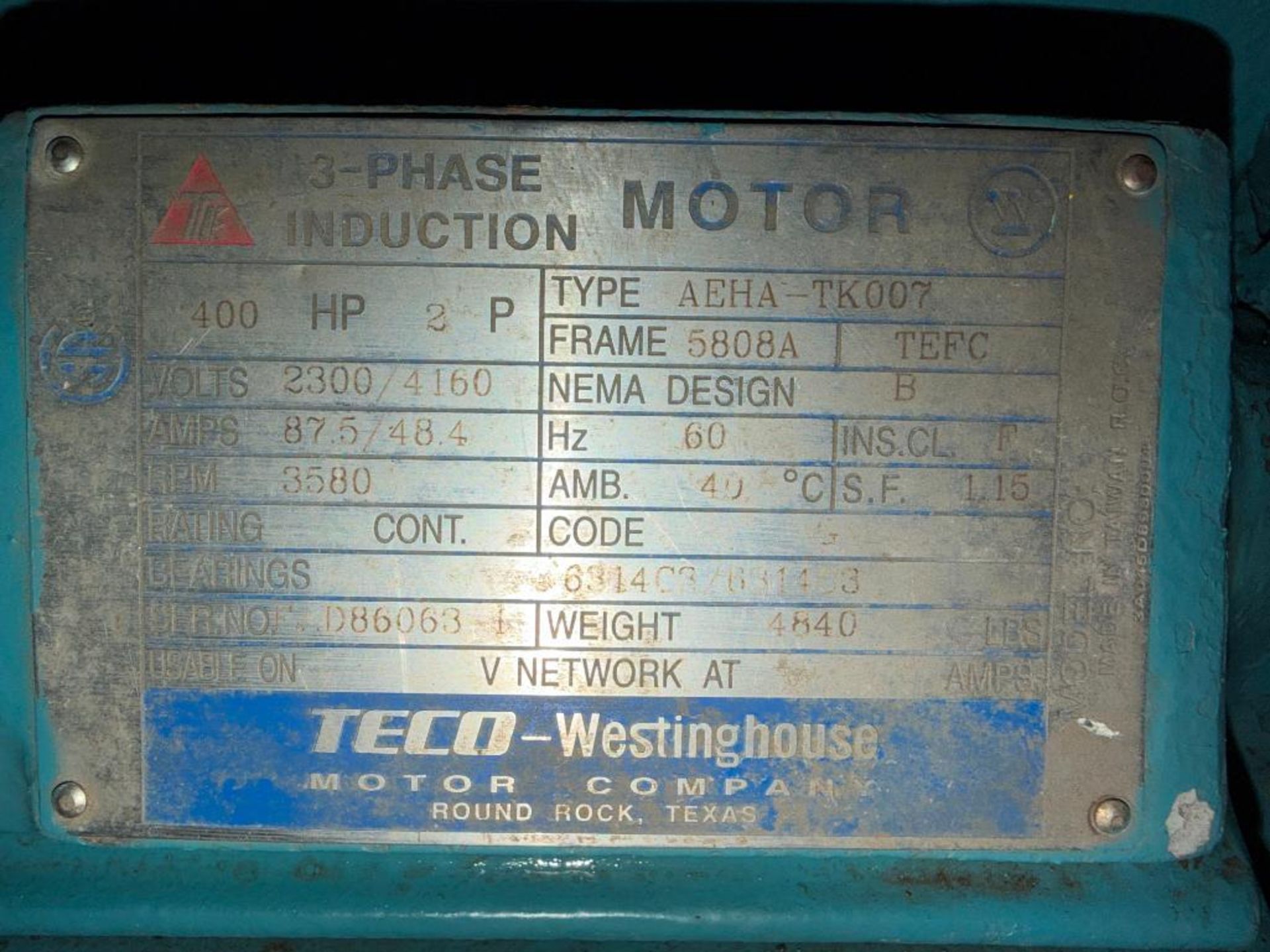 400 HP TECO-WESTINGHOUSE MOTOR 4160V 3580 RPM FRAME 5808A - Simple ...